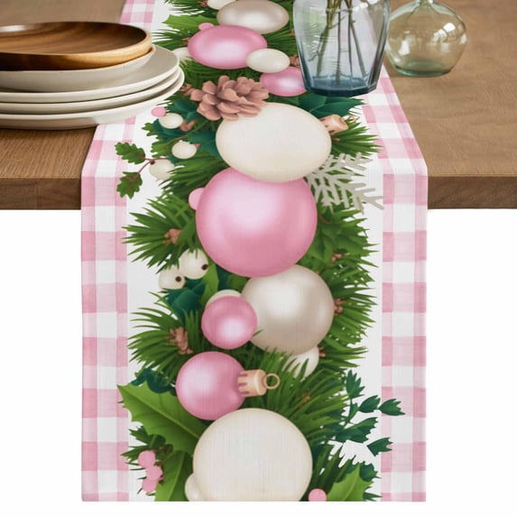 Christmas Balls Pink Table Runner 90 Inches, Winter Pine Fruits Xmas ...