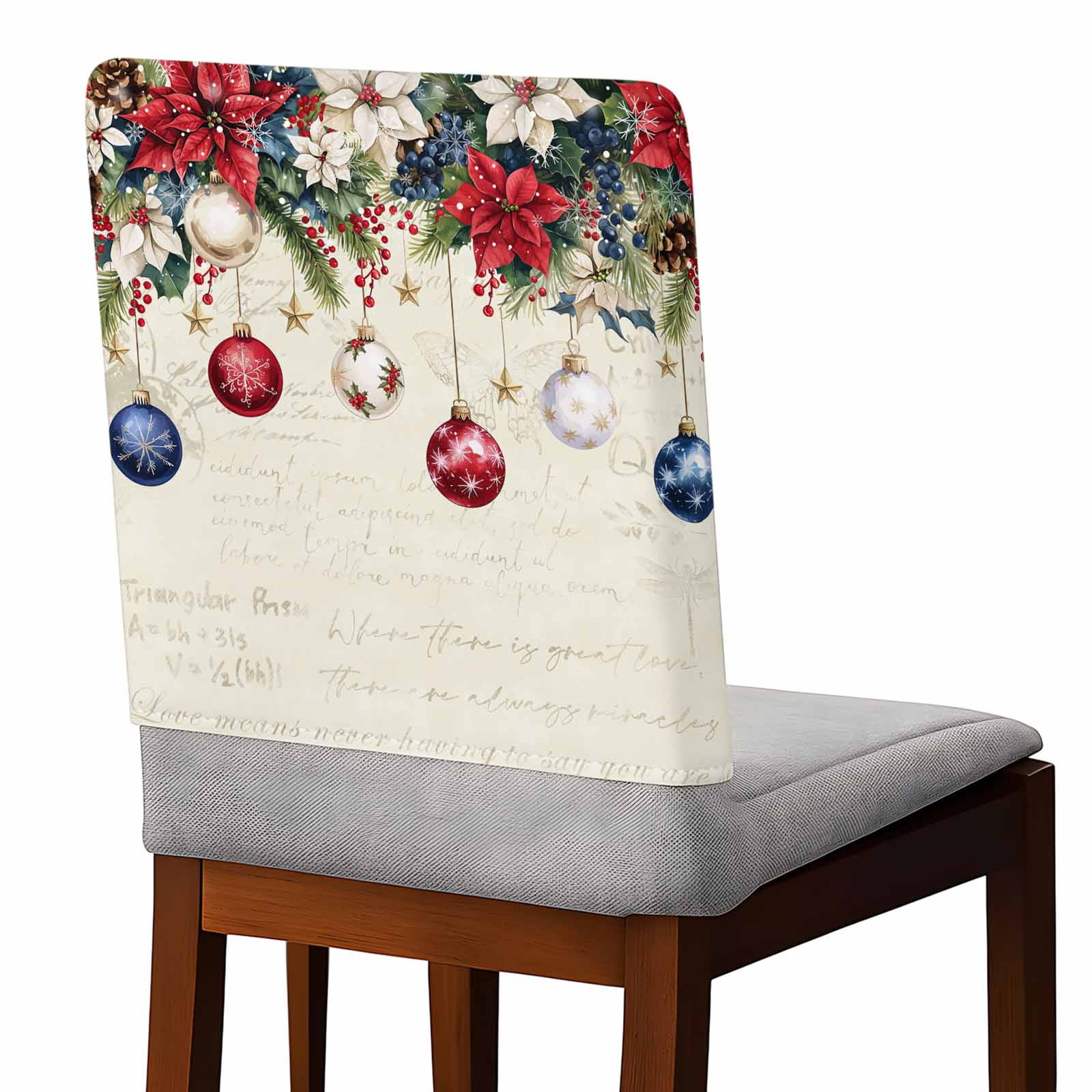 Christmas Balls Poinsettia Chair Covers Set of 4 Fir Leaf Berries Pine ...