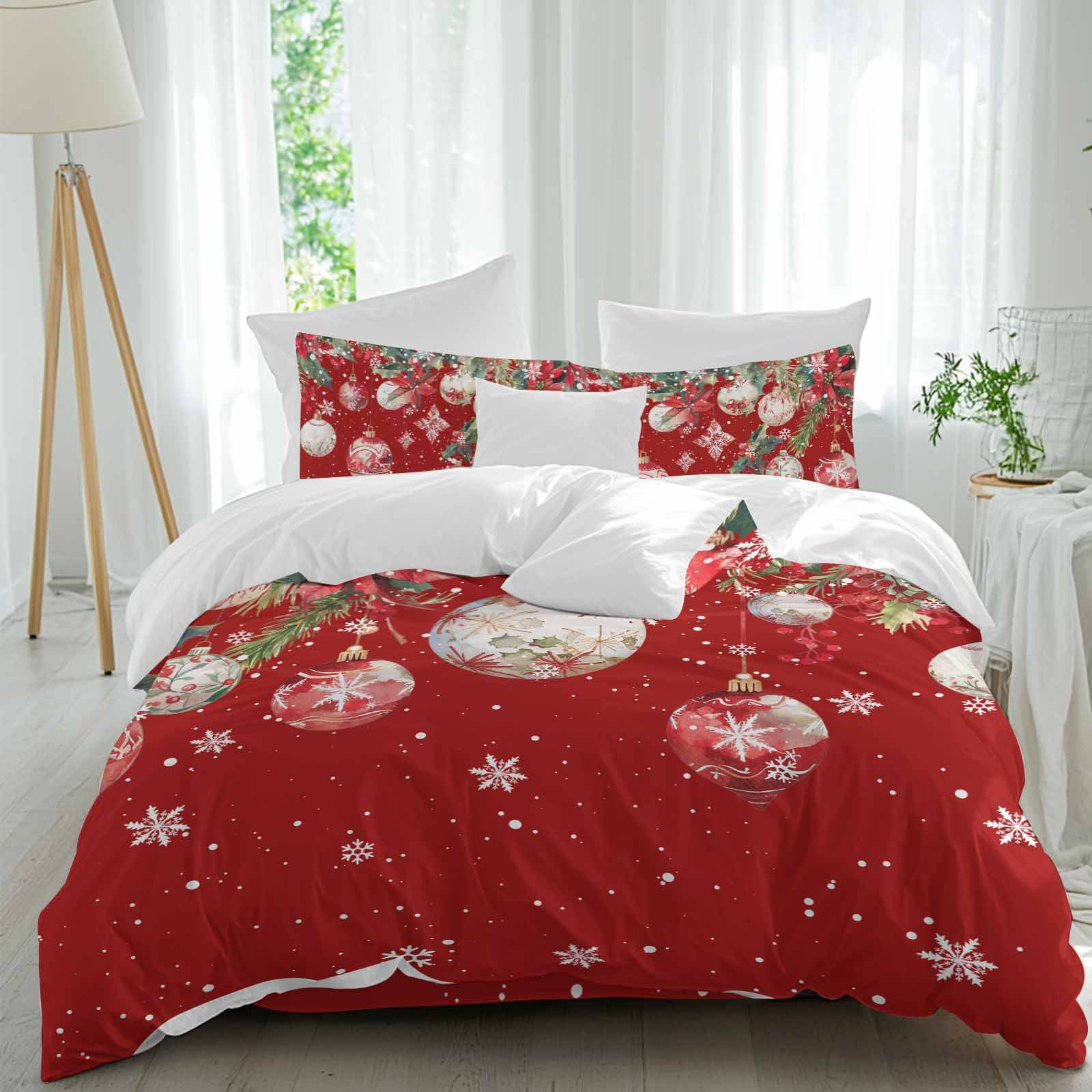 Christmas Balls Poinsettia Comforter Set Queen Size, Fir Leaves Winter ...