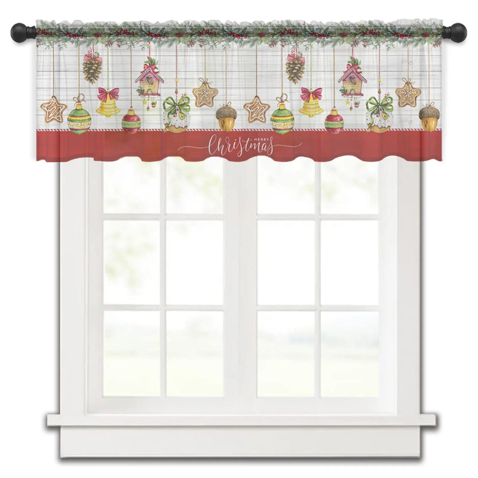 Christmas Balls Poinsettia Fir Leaves Short Window Curtains Voile ...