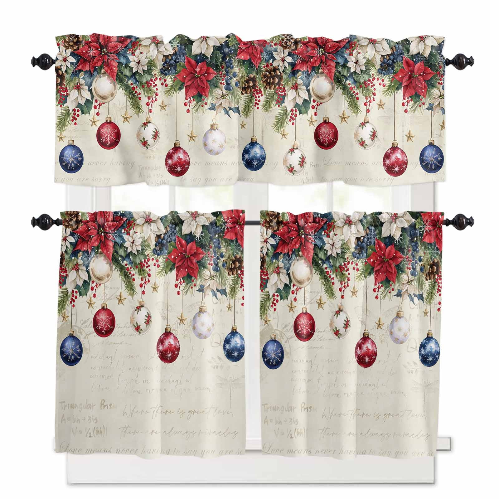 Christmas Balls Poinsettia Kitchen Curtains and Valances Set, Fir Leaf ...