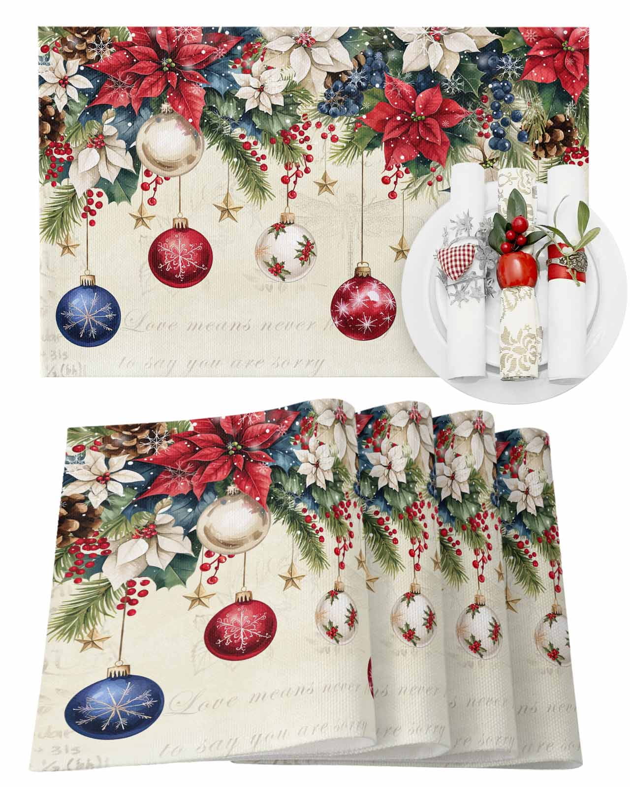Christmas Balls Poinsettia Placemats Set of 4 Fir Leaf Berries Pine ...