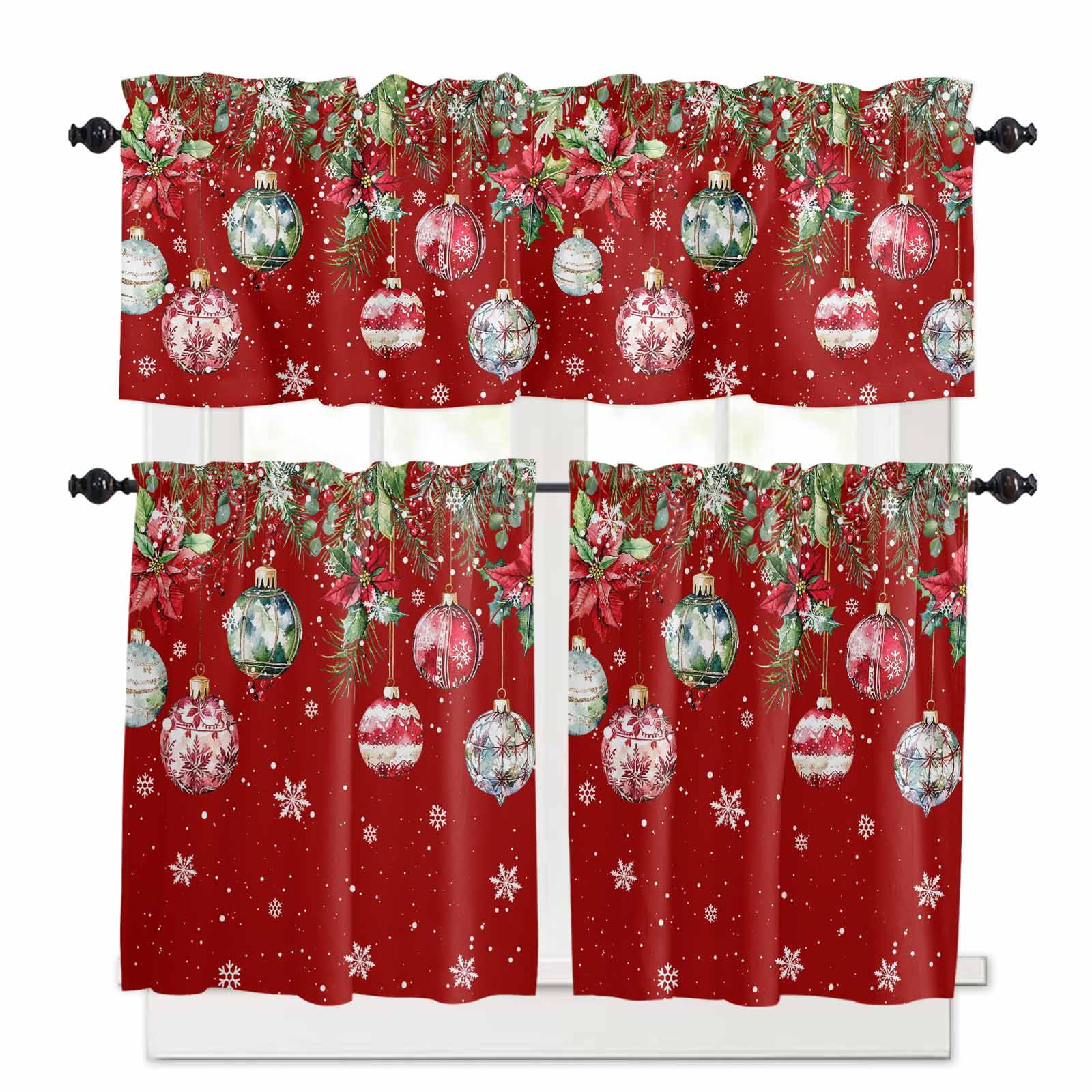 Christmas Balls Red Kitchen Curtains Valances and Tiers Set of 3 Winter ...