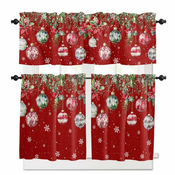 Christmas Balls Red Kitchen Curtains Valances and Tiers Set of 3 Winter ...