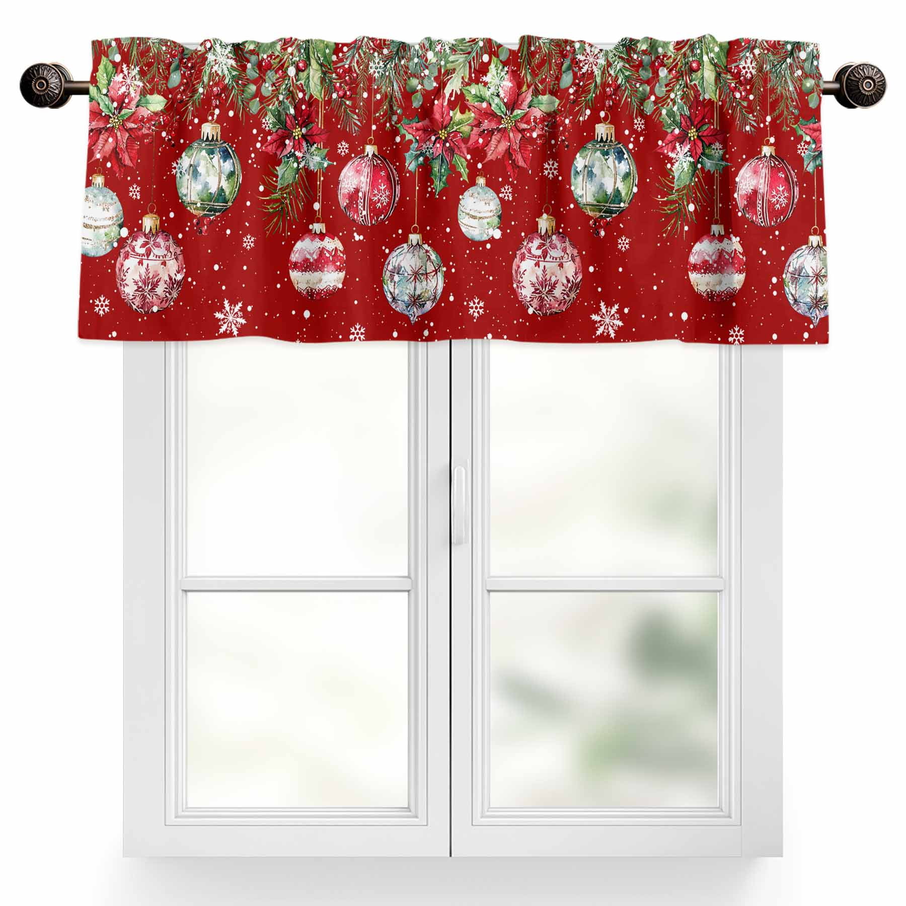 Christmas Balls Red Valances for Windows, 60 x 18in, Winter Poinsettia ...