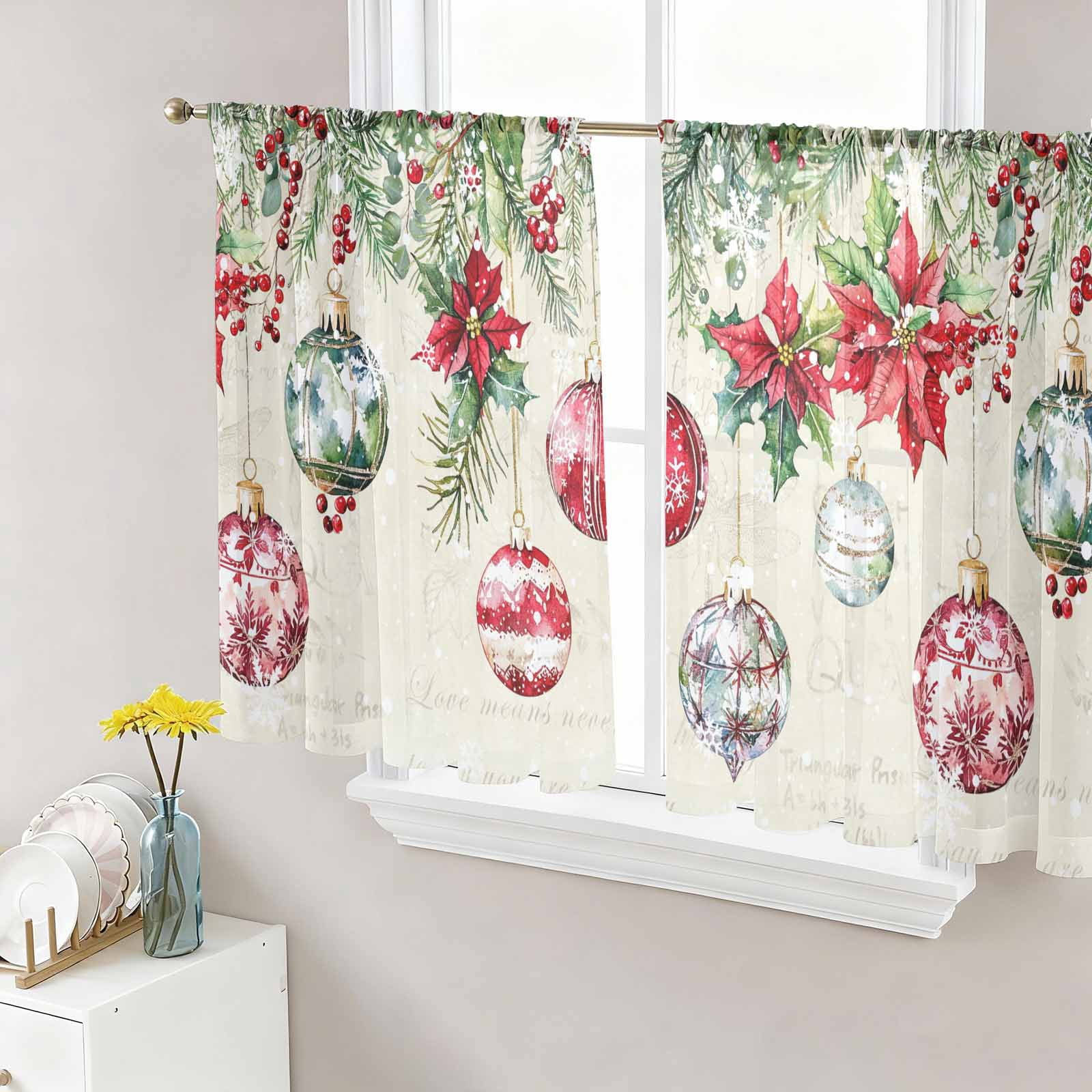 Christmas Balls Sheer Curtains 54 Inch Length 2 Panels Set, Red Green ...
