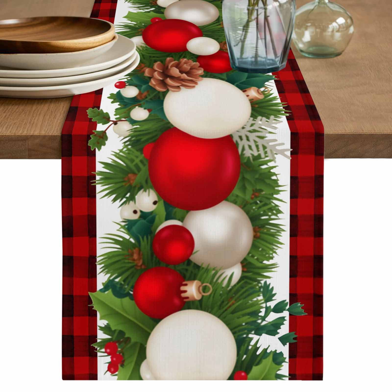 Christmas Balls Table Runner 108 Inches, Winter Pine Branch Xmas Red ...