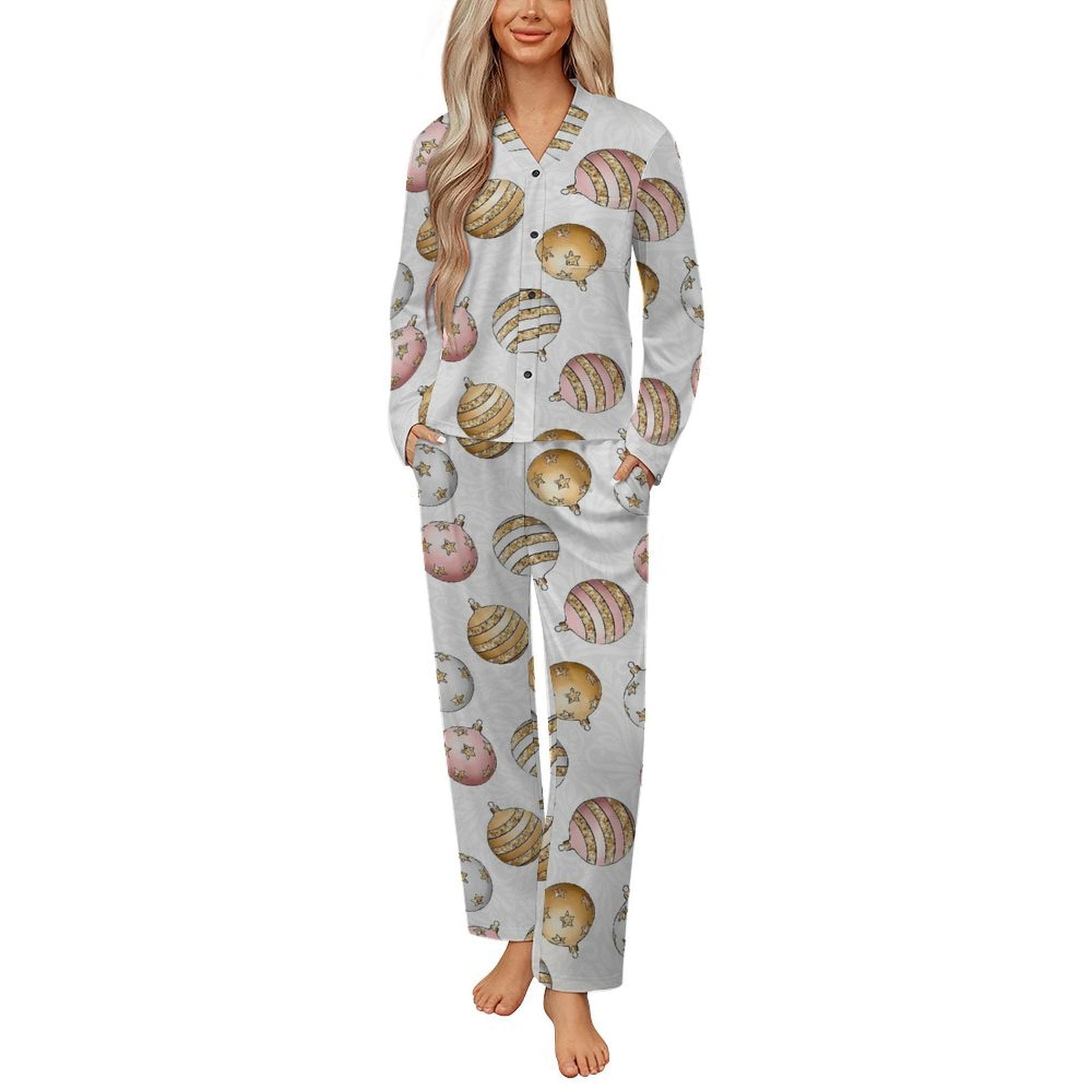 Christmas Balls Womens Pyjamas Set Button Up Pyjamas Womens with Long ...