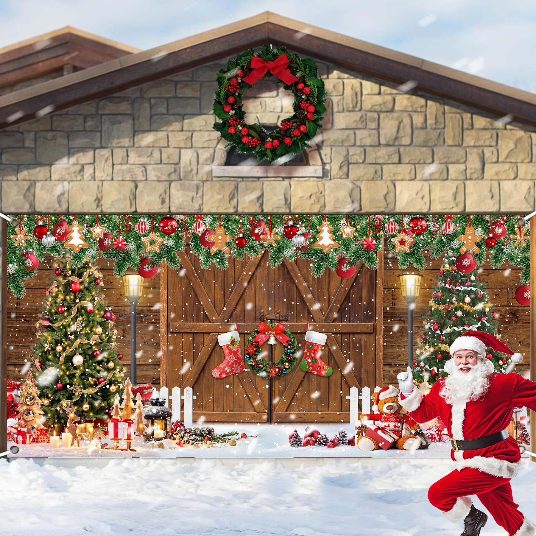 Christmas Banner Garage Door Decorations, Winter Rustic Barn Door Xmas ...