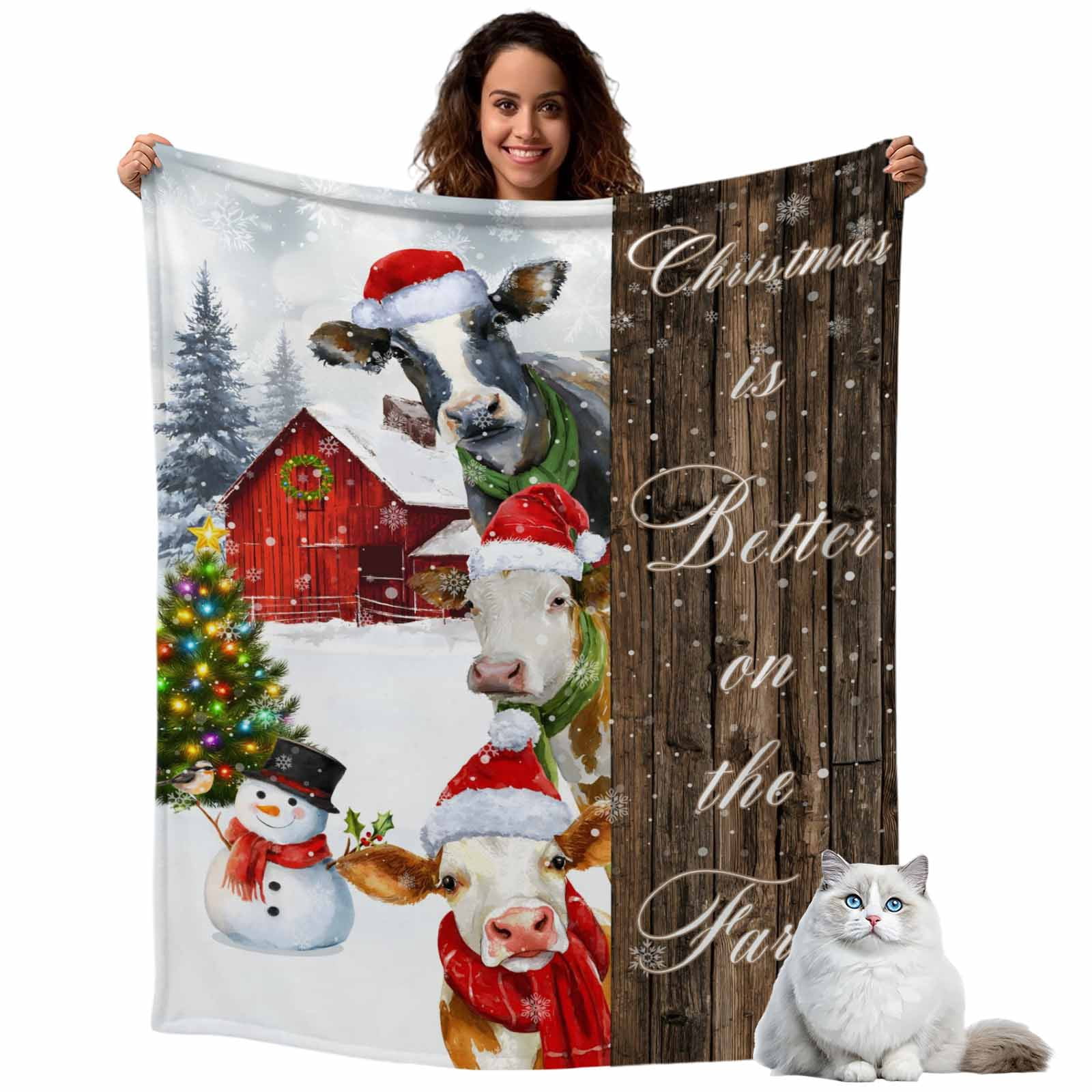 Christmas Barn Fleece Throw Blanket Lightweight Cow Snowman Christmas ...