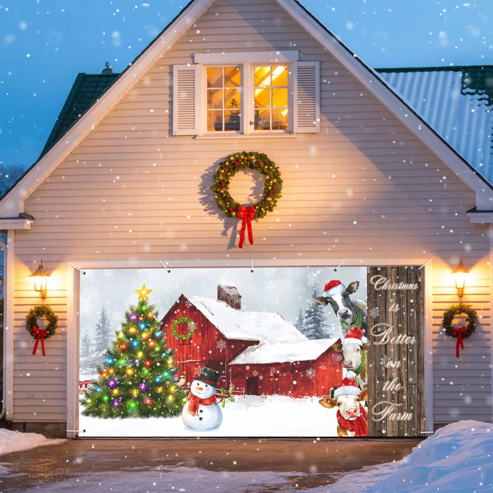 Christmas Barn Garage Door Banner Covers, Cow Snowman Christmas Tree ...