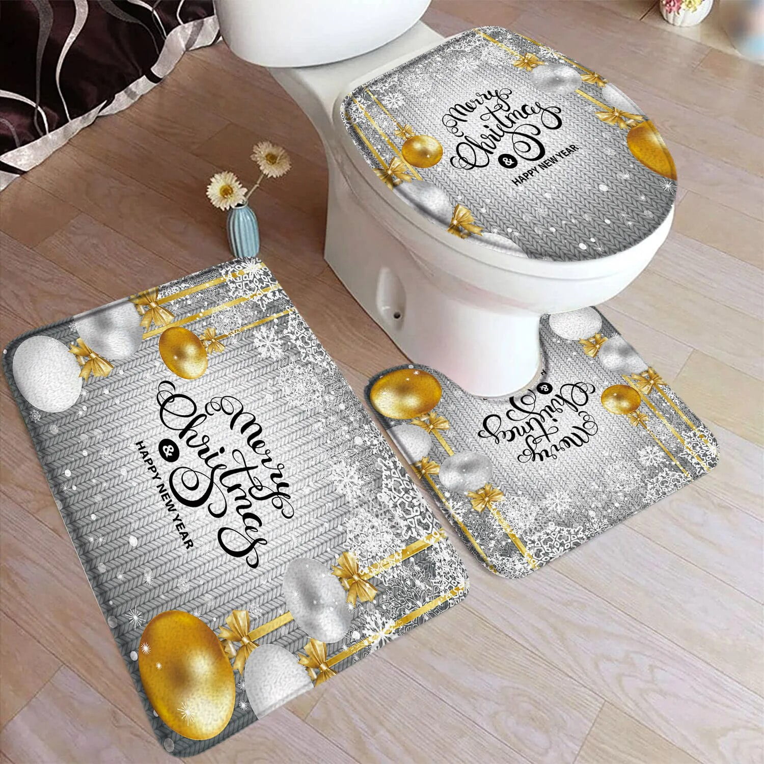 Christmas Bath Mat Set Xmas Balls Red Trucks Pine Trees Snowman New ...