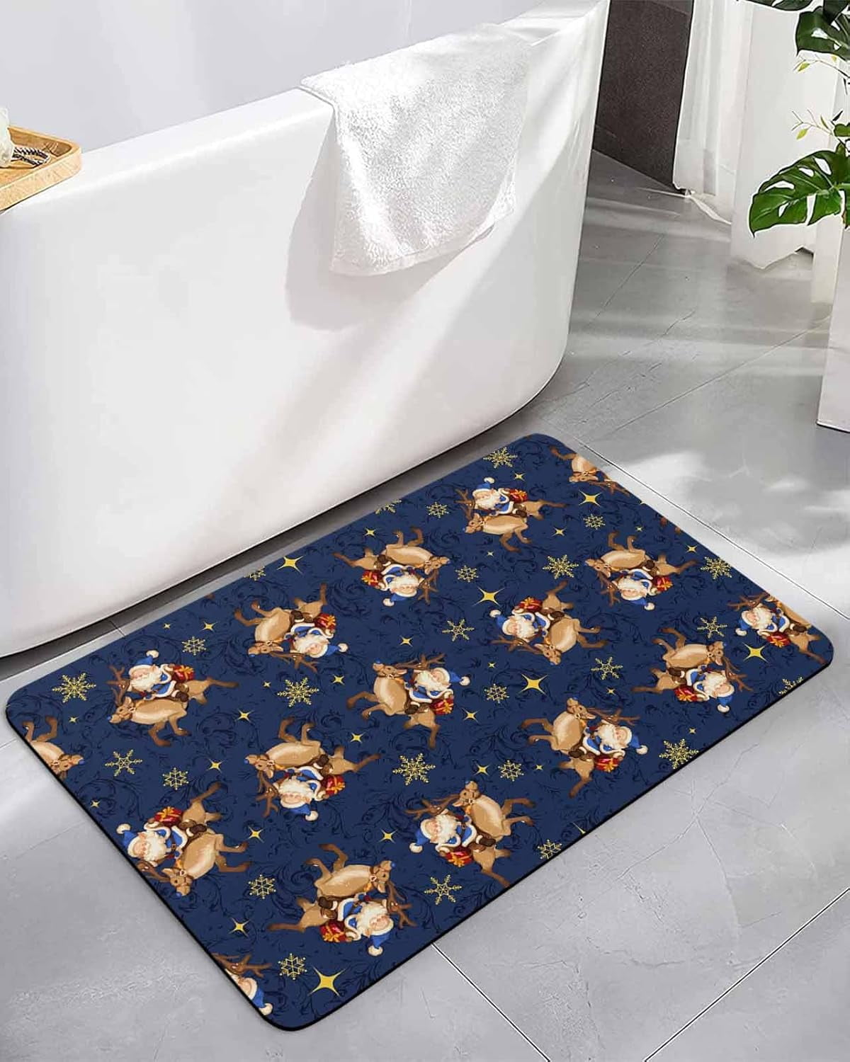 Christmas Bath Mat for Tub,Santa Claus Reindeer Snowflakes Elk Khaki ...
