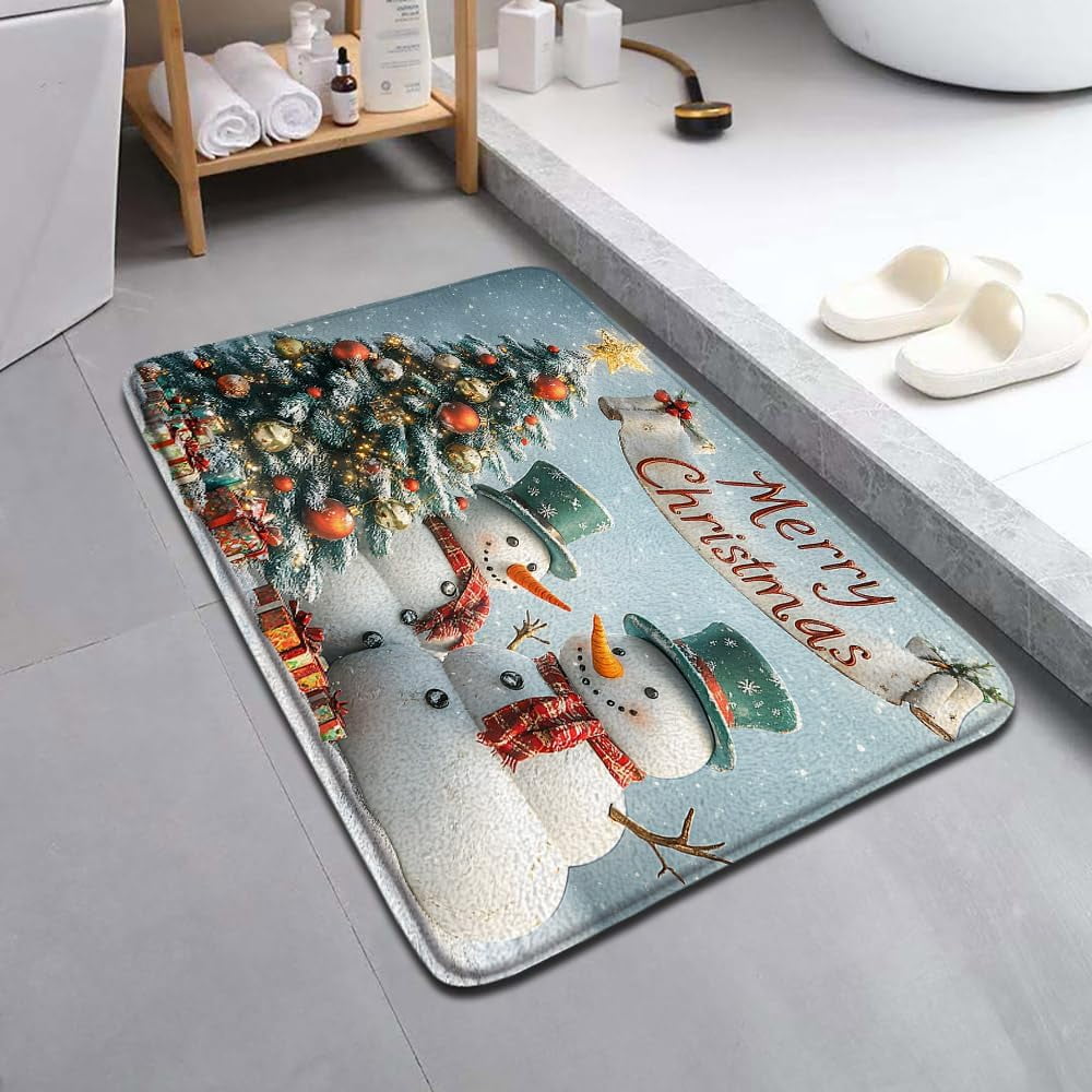 Christmas Bath Rugs Two Cute Snowman Xmas Tree Winter Snow Scene New ...