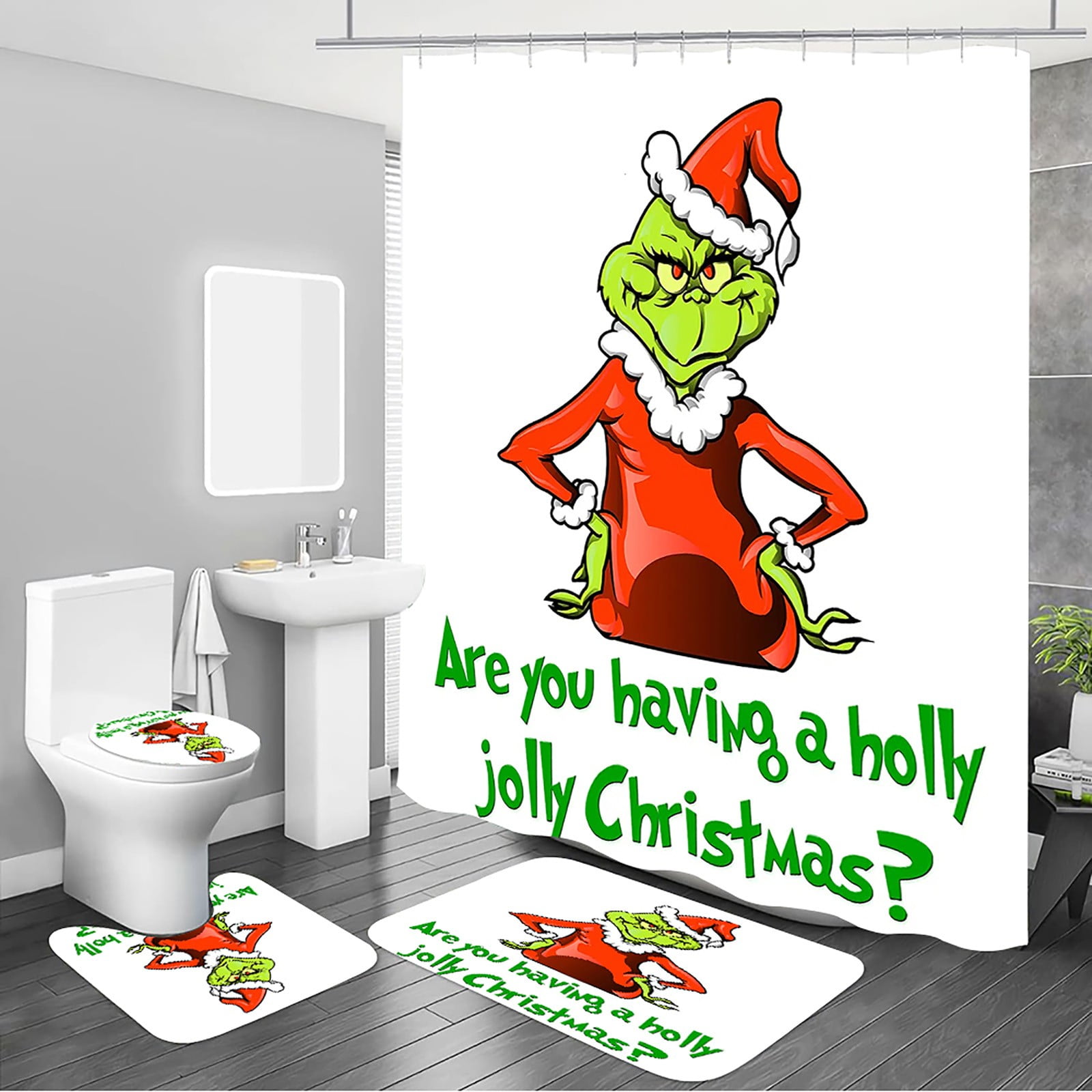 Christmas Bathroom 4 Piece Set with Shower Curtain，Non-Slip Mat, Toilet ...
