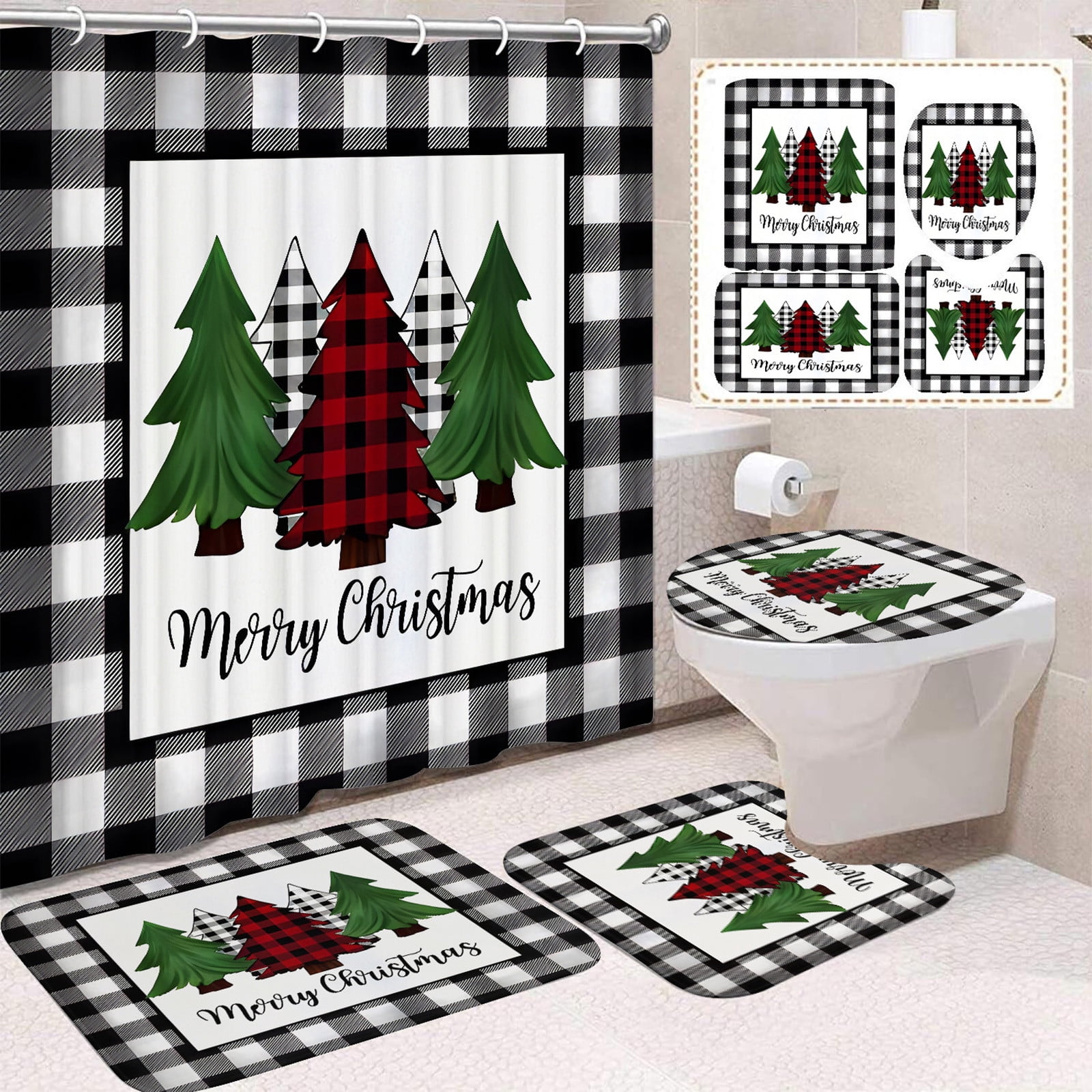 Christmas Bathroom Set 4 Piece – Santa Shower Curtain with Toilet Mat ...