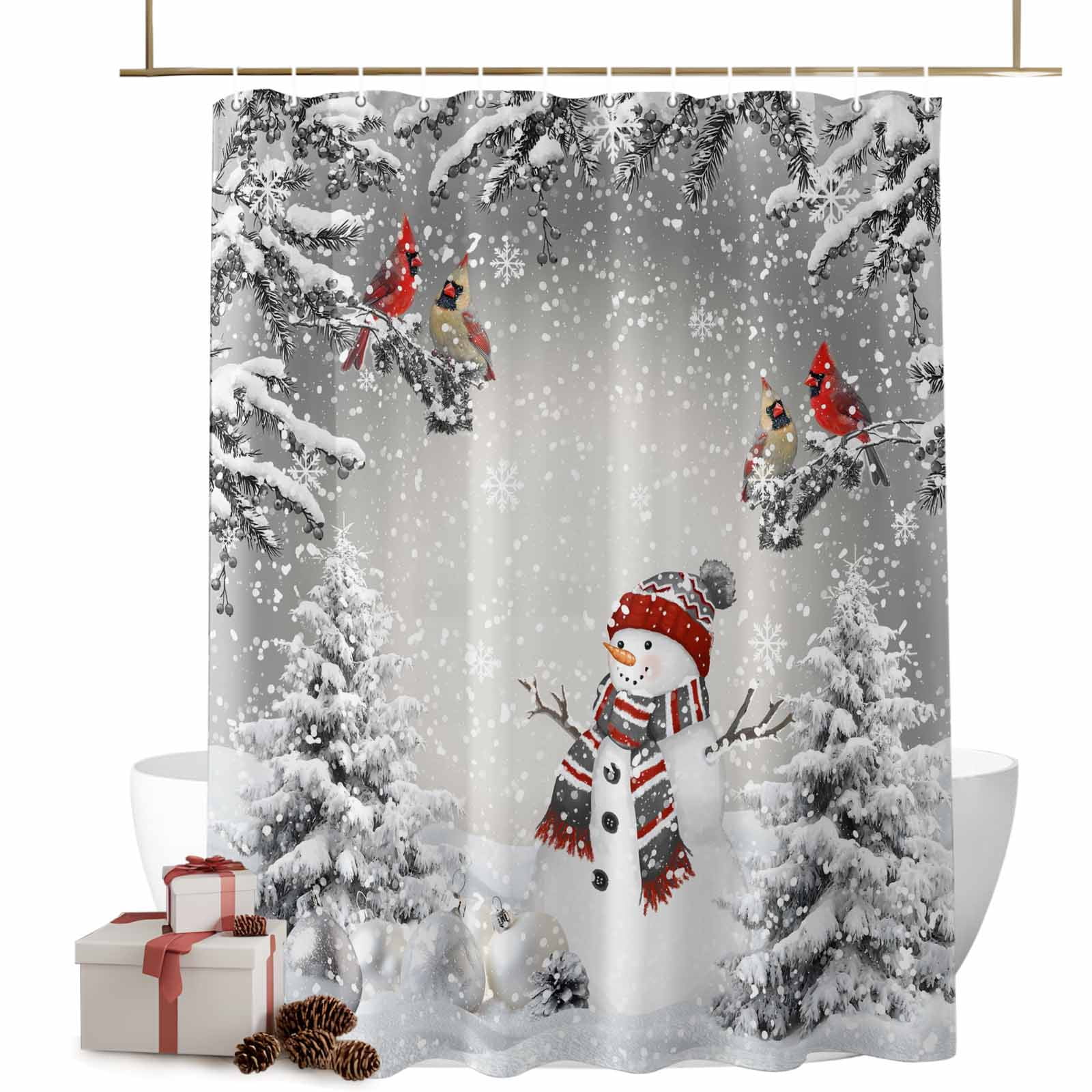 Christmas Bathroom Shower Curtain Red Hat Snowman Bird Pine Tree Leaf ...