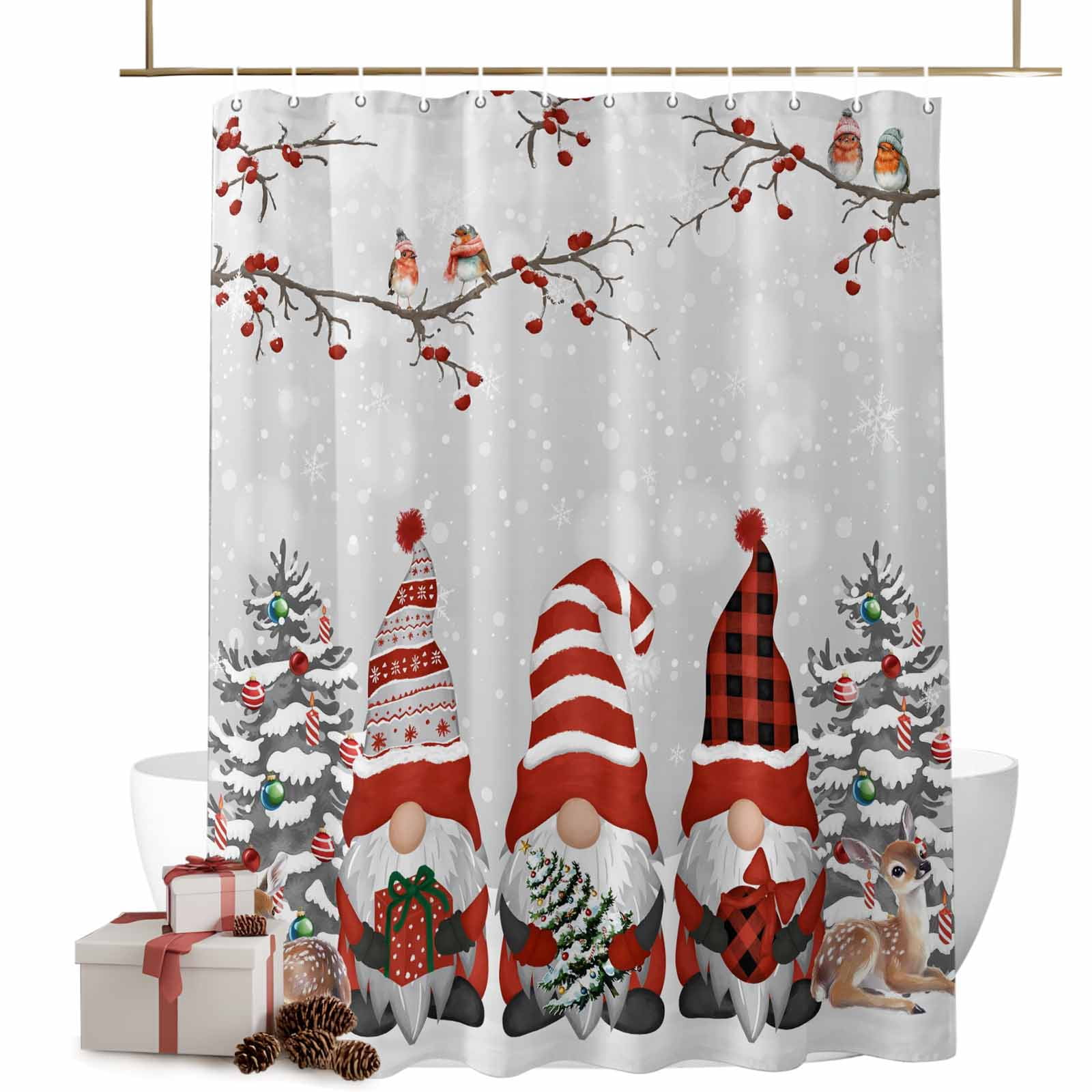 Christmas Bathroom Shower Curtain Red Xmas Dwarf Pine Tree Branches ...