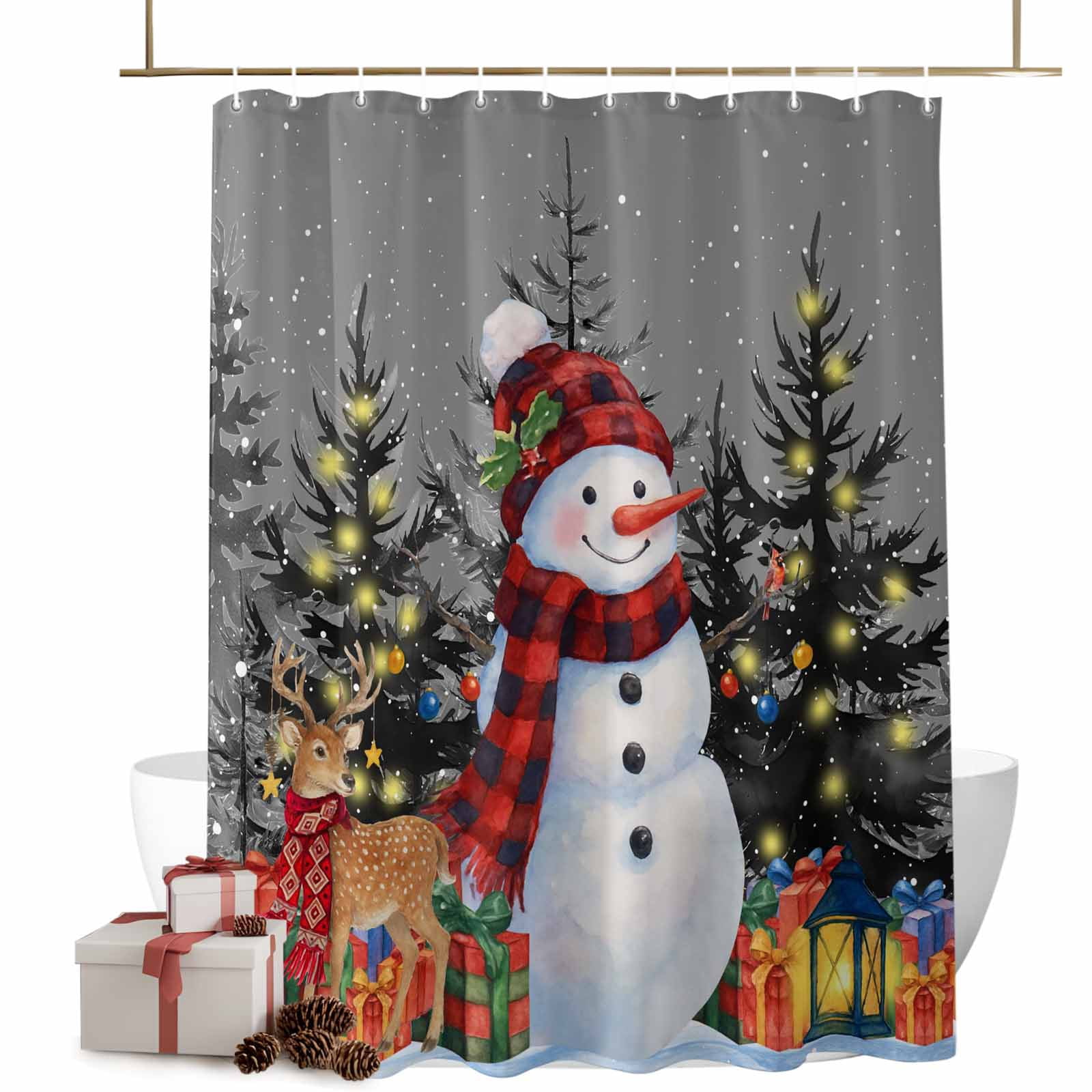 Christmas Bathroom Shower Curtain Scarf Snowman Deer Xmas Box Pine ...