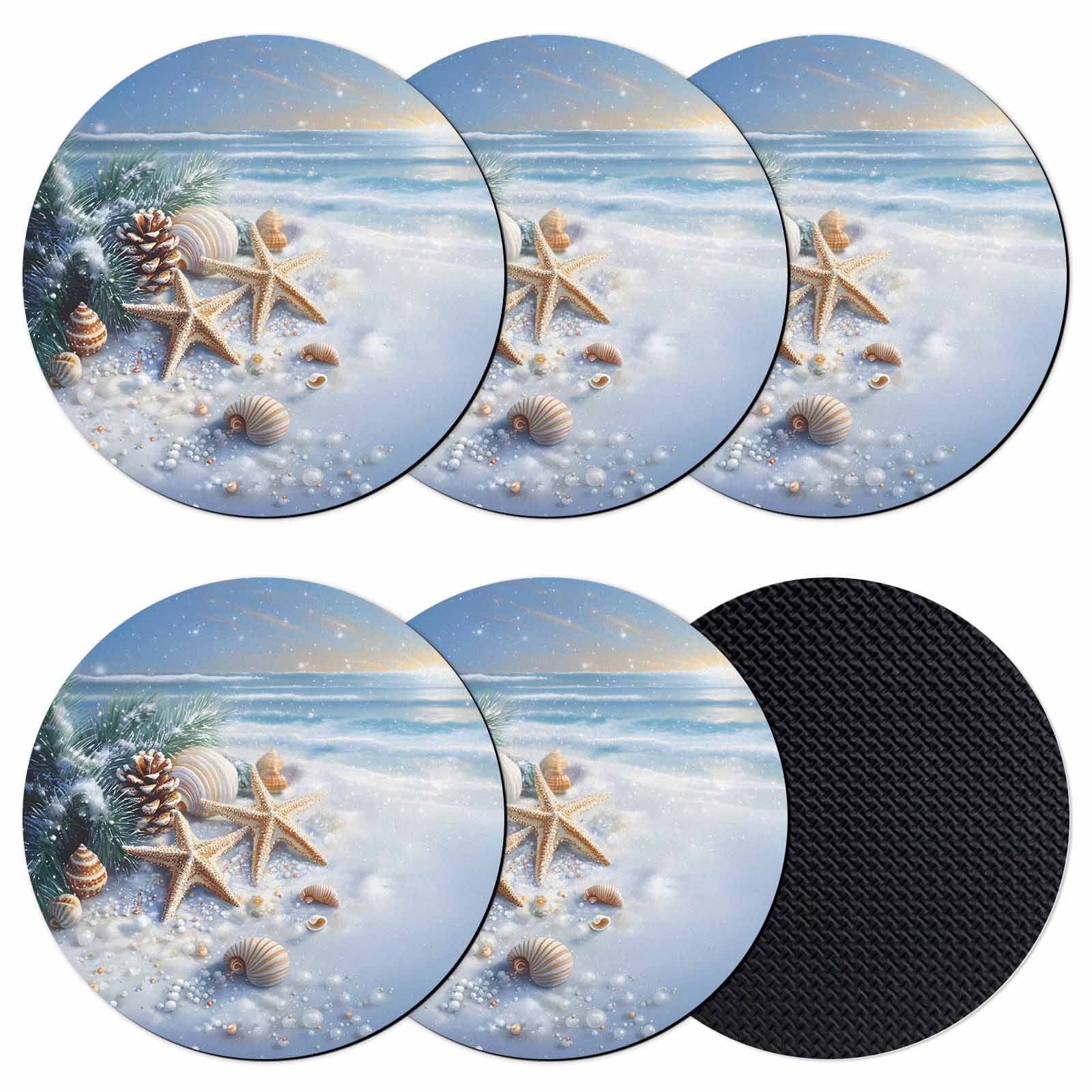 Christmas Beach Coasters Set of 6, Blue Shell Starfish Conch Pine Cone ...