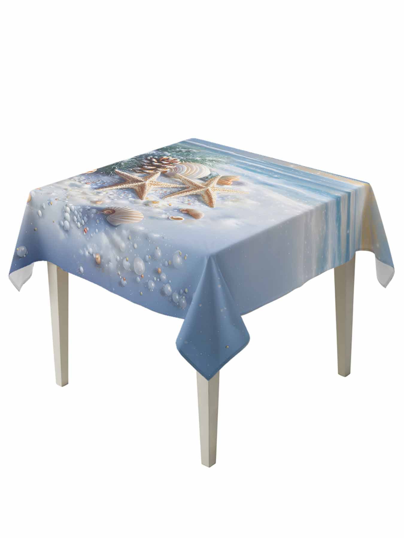 Christmas Beach Table Cloth, Blue Shell Starfish Conch Pine Cone Snow ...