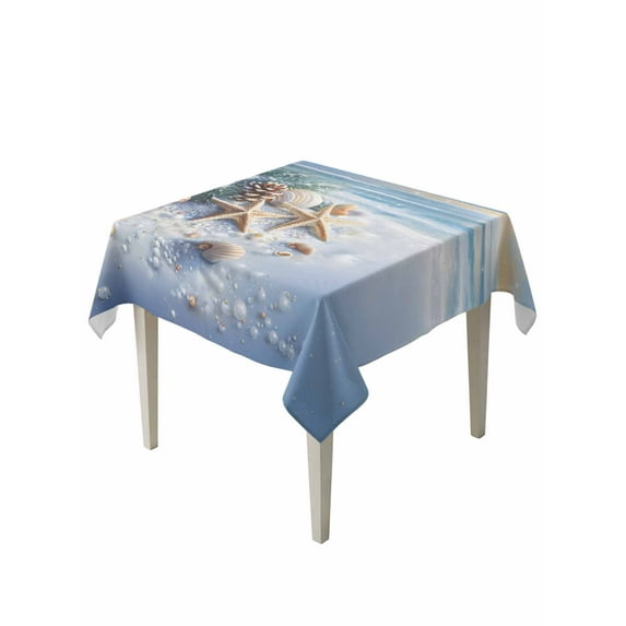 Christmas Beach Table Cloth, Blue Shell Starfish Conch Pine Cone Snow ...