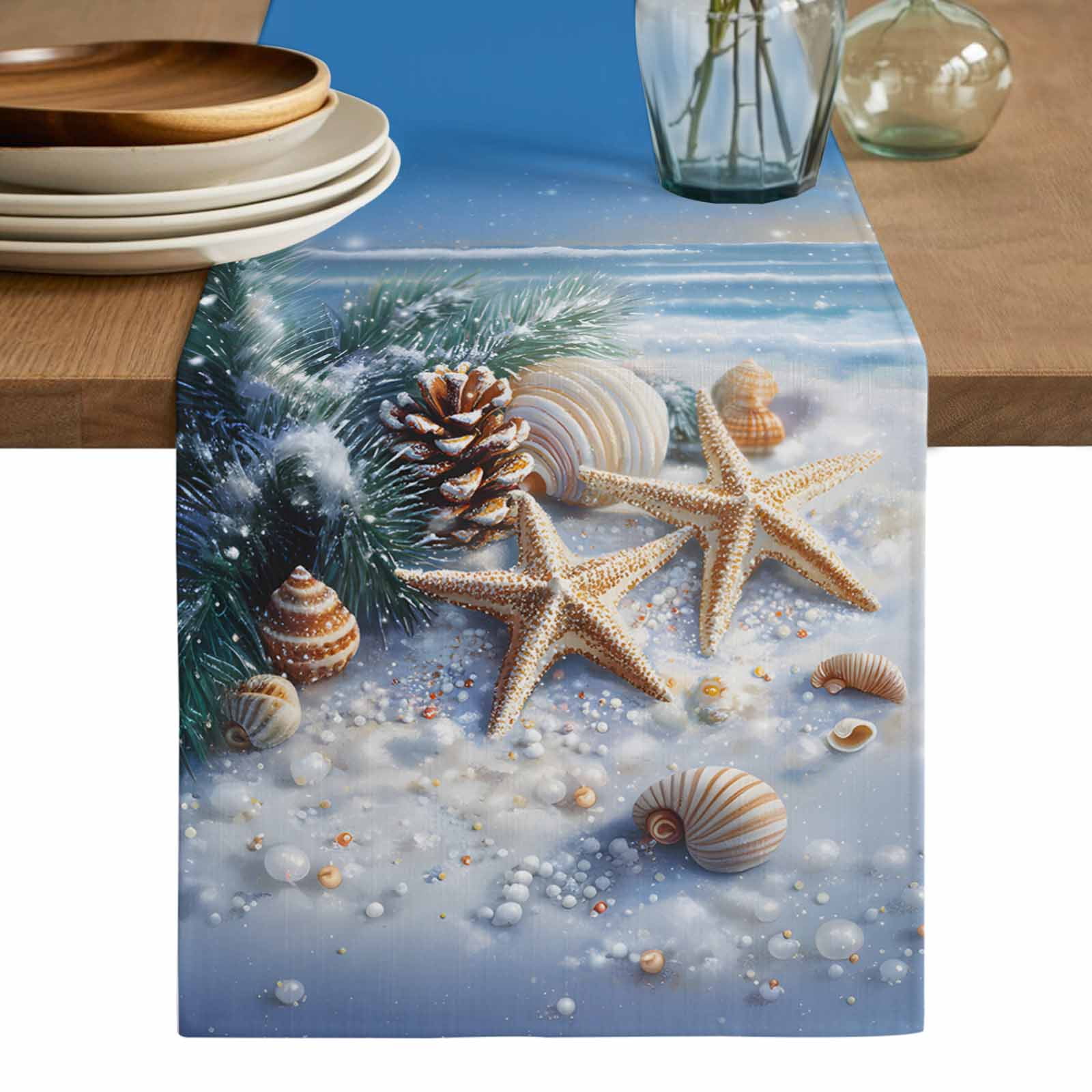 Christmas Beach Table Runner, Blue Shell Starfish Conch Pine Cone Snow ...