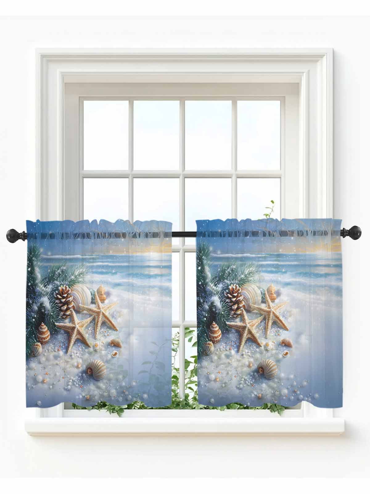 Christmas Beach Tier Curtains 36 Inch Length,Sheer Curtains for Bedroom ...