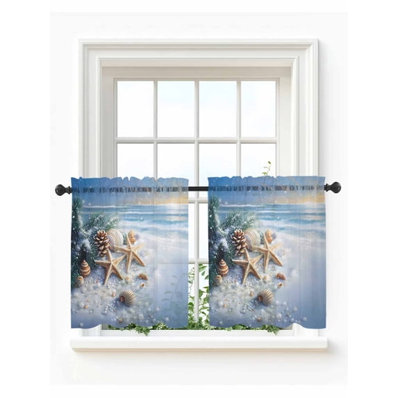 Christmas Beach Tier Curtains 36 Inch Length,Sheer Curtains for Bedroom ...