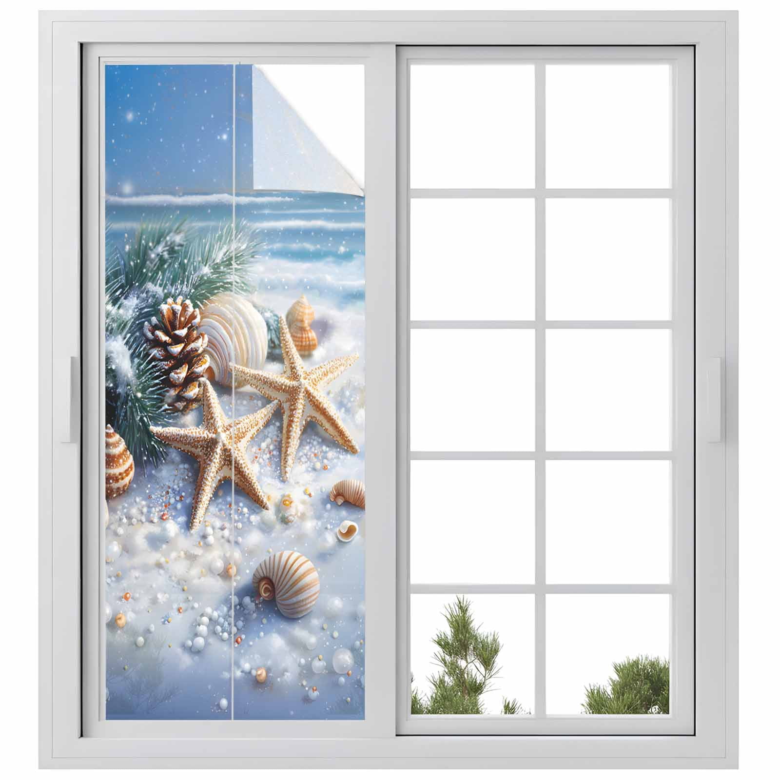 Christmas Beach Window Privacy Film, Blue Shell Starfish Conch Pine ...