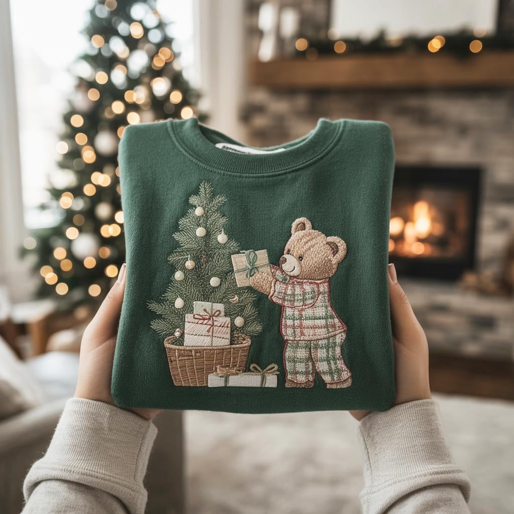 Christmas Bear Embroidered Sweatshirt, Holiday Crewneck, Cozy Bear with ...