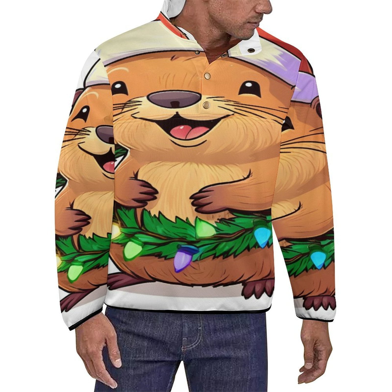 Christmas Beaver Garland Men's Stand Collar Sweater Long Sleeve ...