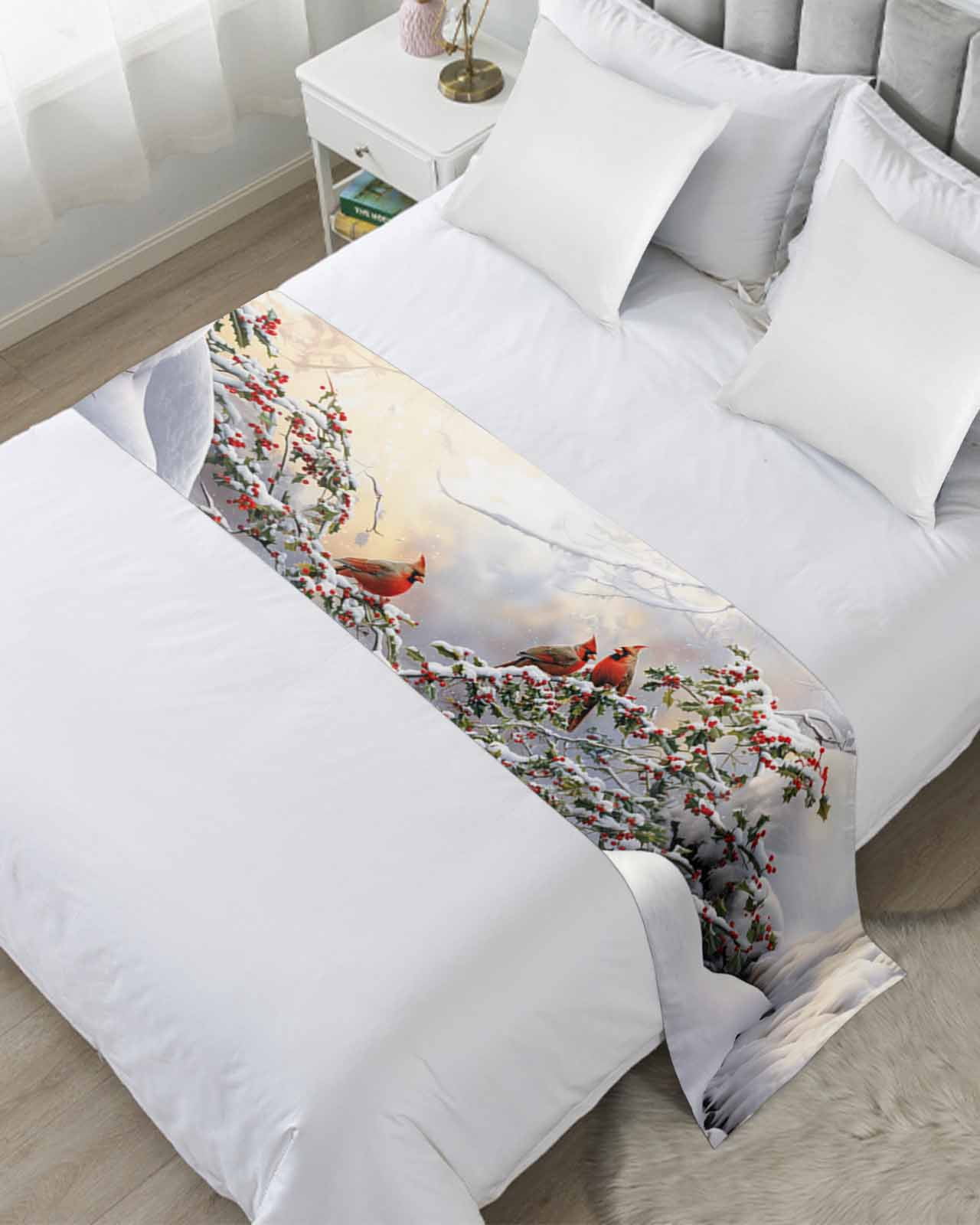 Christmas Bed Runner for Full/ Queen Size Bed, Xmas Birds Berry ...