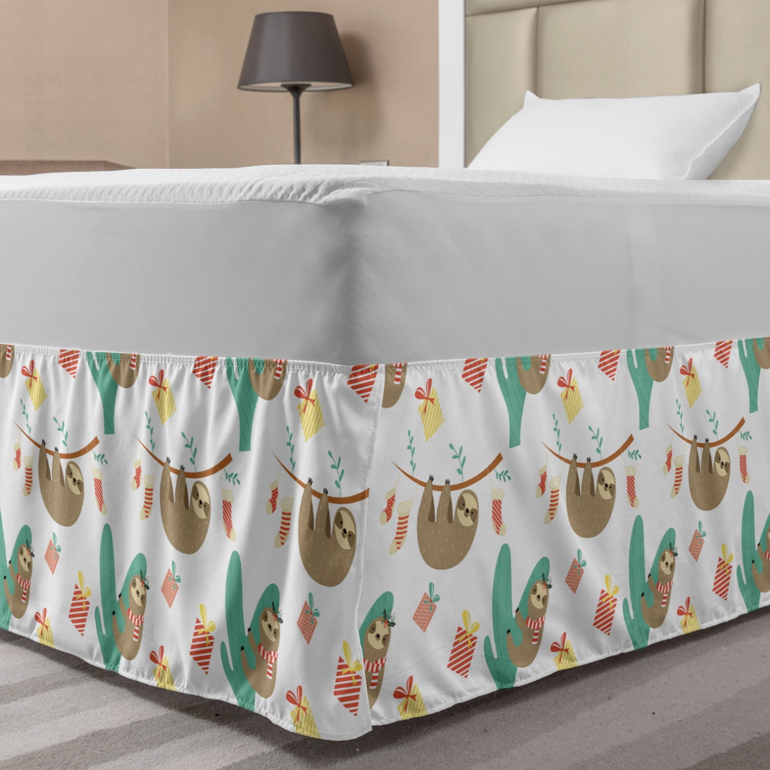 Christmas Bed Skirt, Pattern of Sloths Holiday Socks and Gift Boxes ...