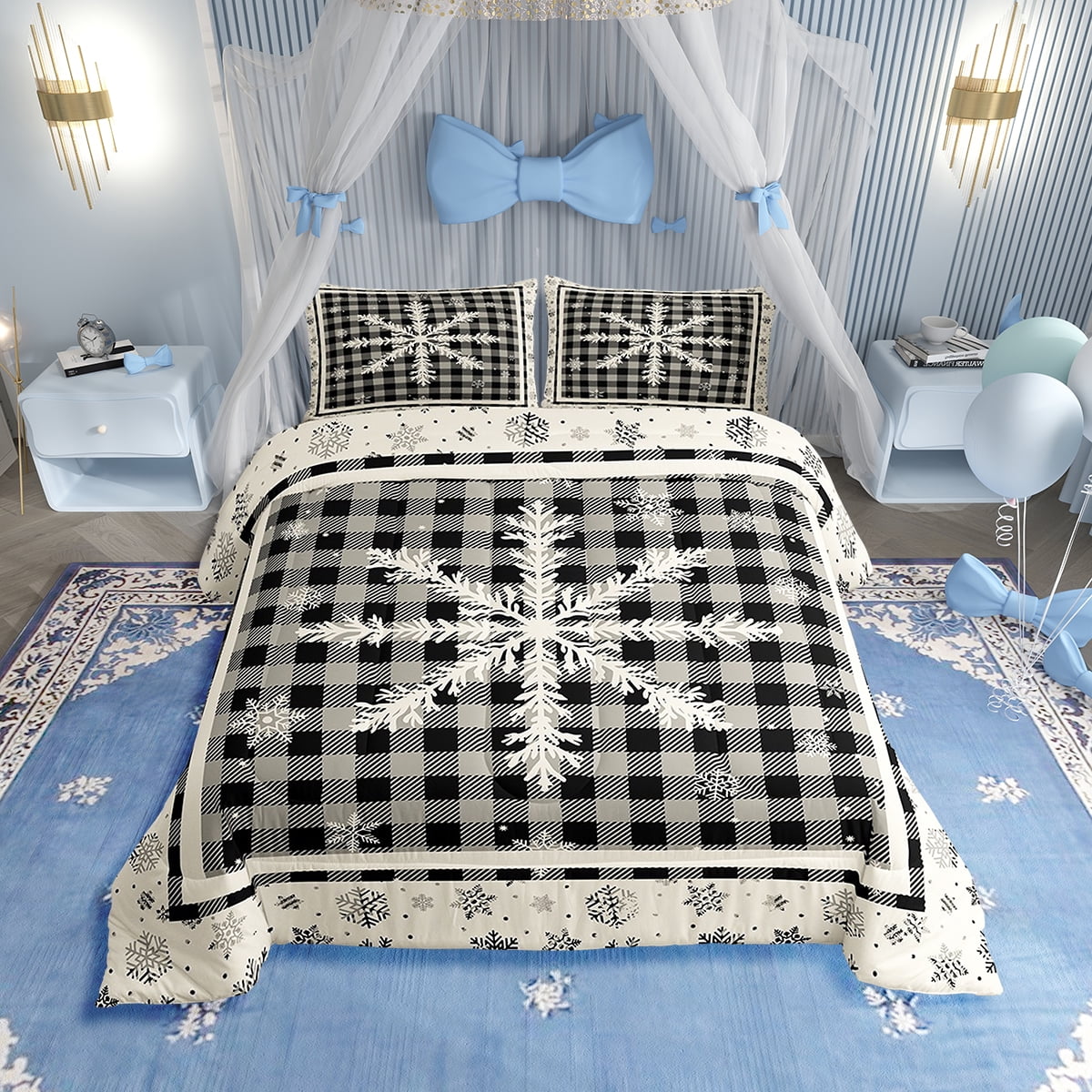Christmas Bedding Set Full Size Black White Plaid Snowflake Comforter ...