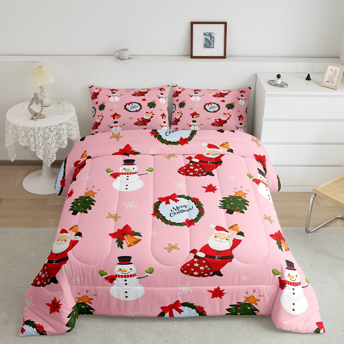 Christmas Bedding Set , Cute Santa Claus Comforter Set Pink Christmas ...