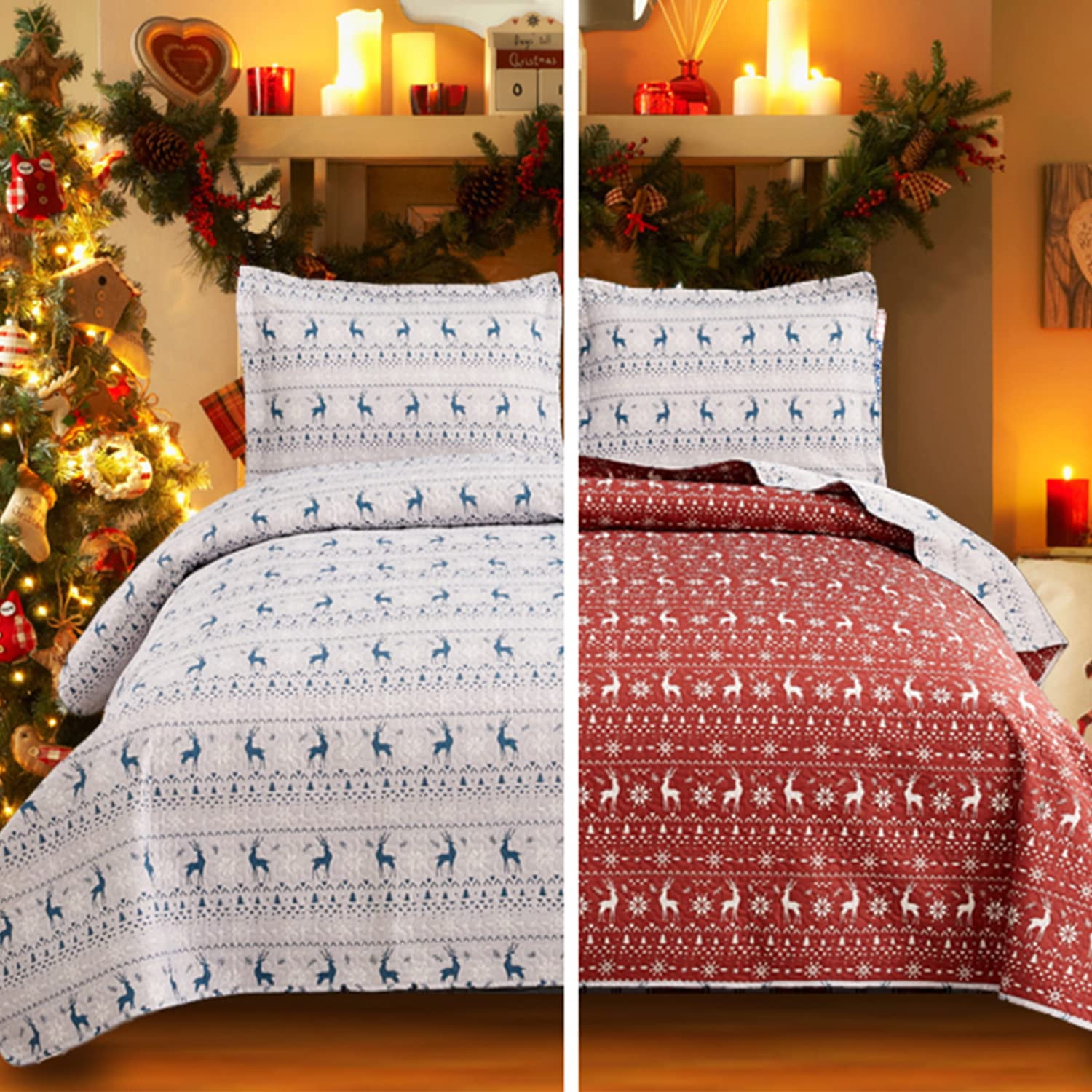 Christmas Bedding Set King Quilt Bedspread Rustic Quilt Bedding Xmas ...