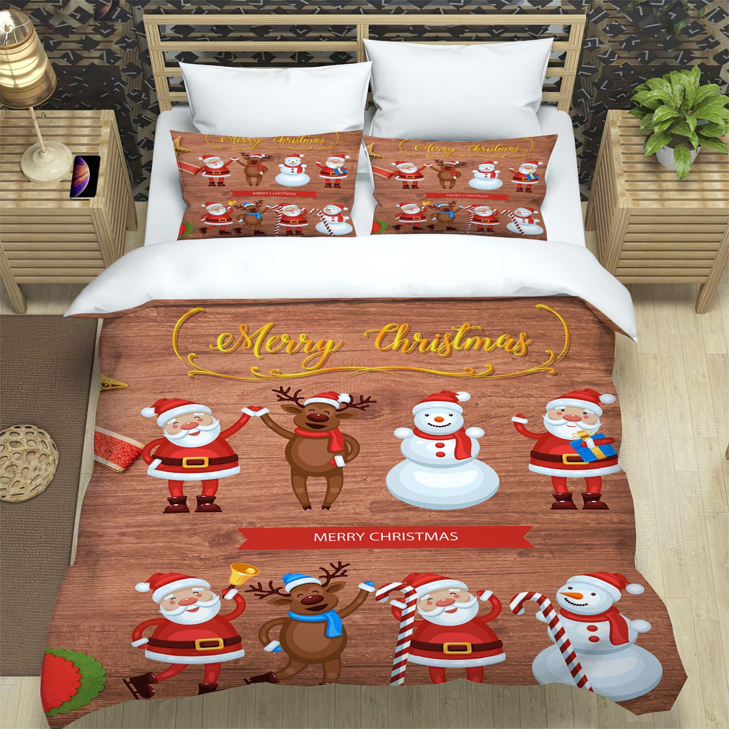 Christmas Bedding Sets Rustic Christmas Santa Tree Snowman Pattern ...