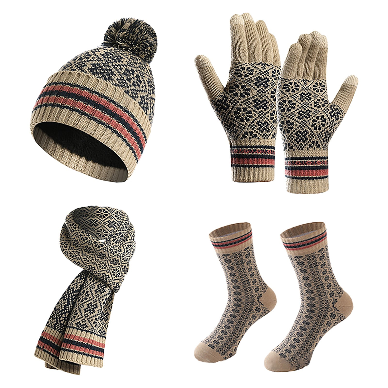 Christmas Beige 4-Piece Winter Gear Set Winter Scarf ,Hat,& Gloves4 In ...