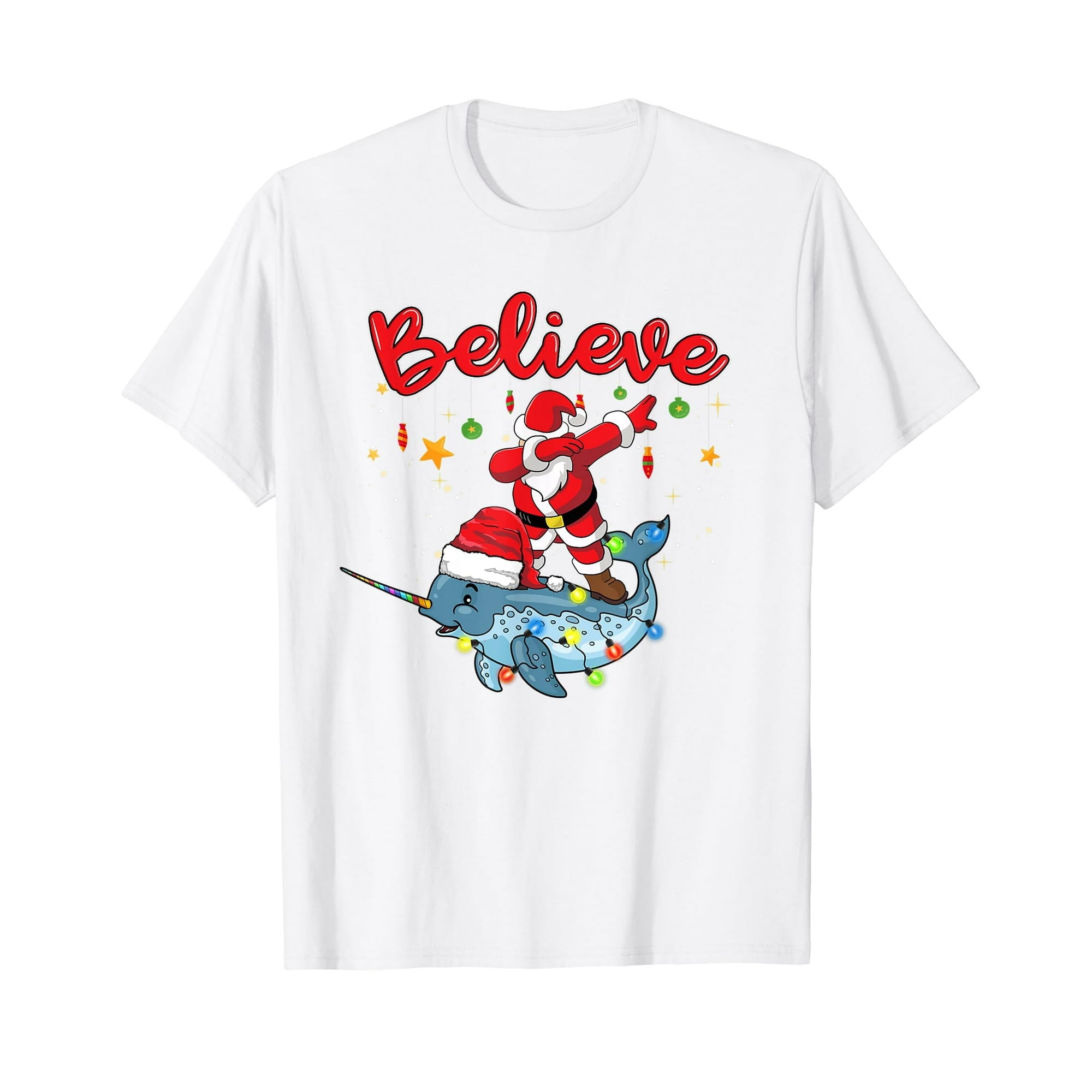 Christmas Believe Santa Riding Narwhal With Santa Hat T-Shirt White Tee ...