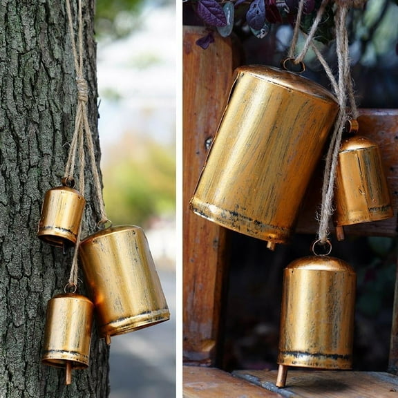 Christmas Brass Cow Bell | Shabby Style Metal Hanging Decor with Rope ...