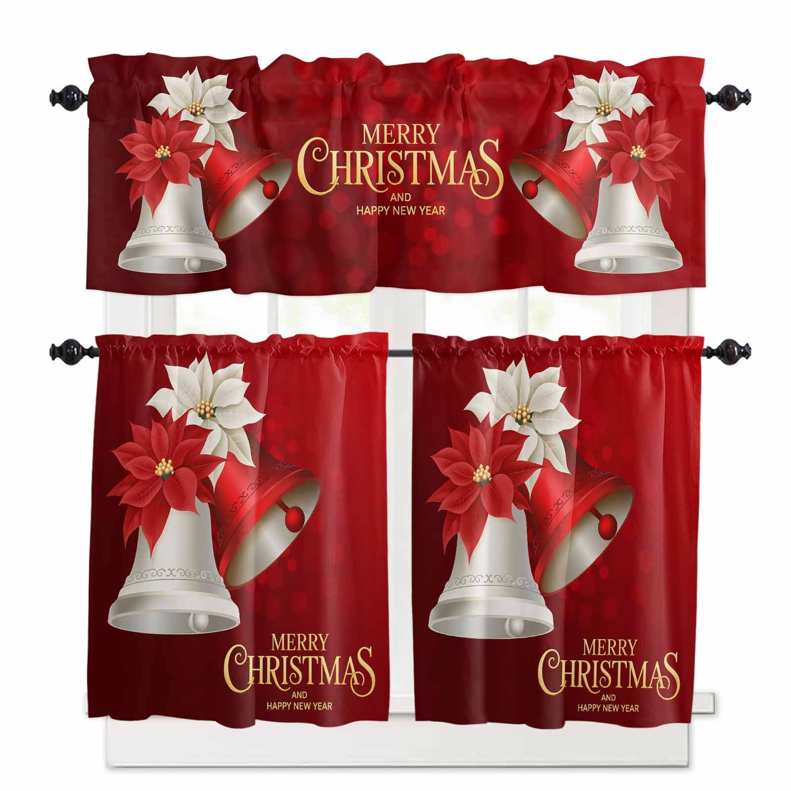 Christmas Bell Kitchen Curtains and Valances Set, Red White Xmas Bells ...