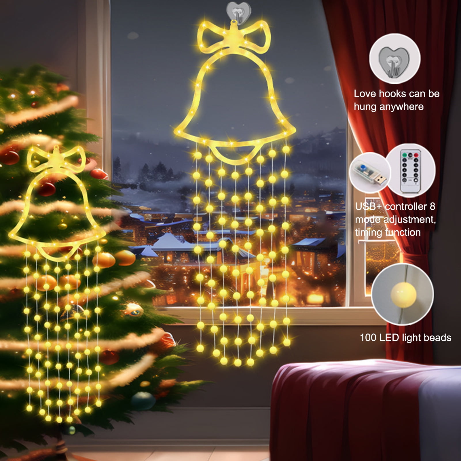 Christmas Bell Lights Hanging Jingle Bell Light with Remote Control ...