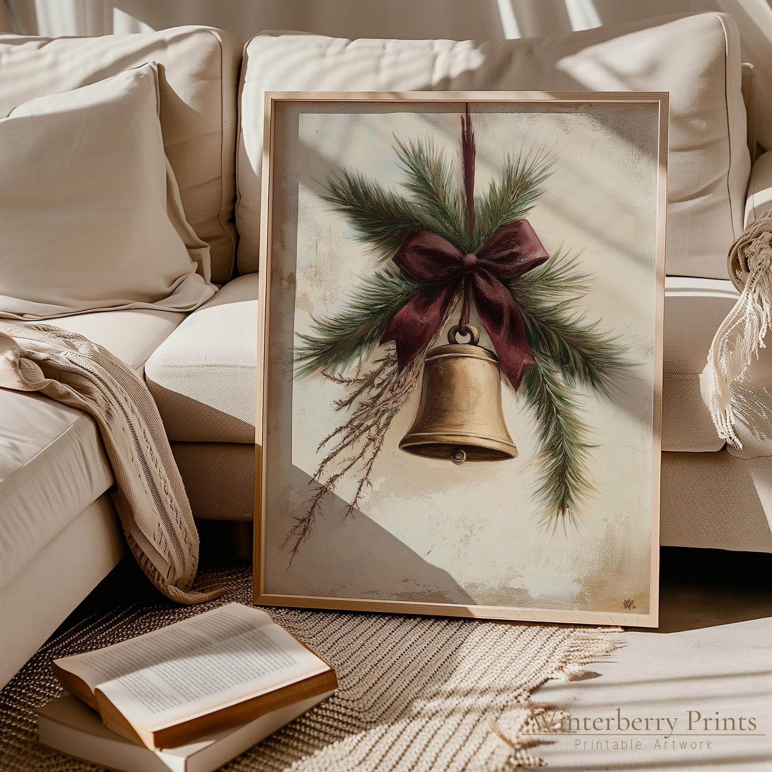 Christmas Bell Print: Burgundy Ribbon, Pine Sprig Vintage Decor, 24x36 ...