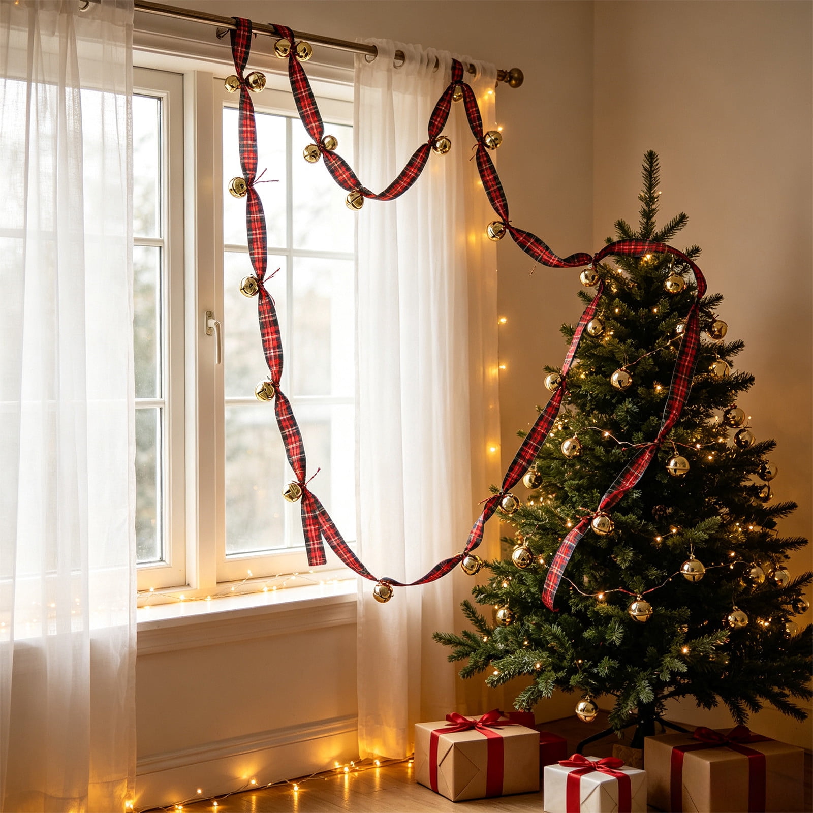 Christmas Bell Ribbon String, 8.8 ft Cloth Jingle Bell Garland ...