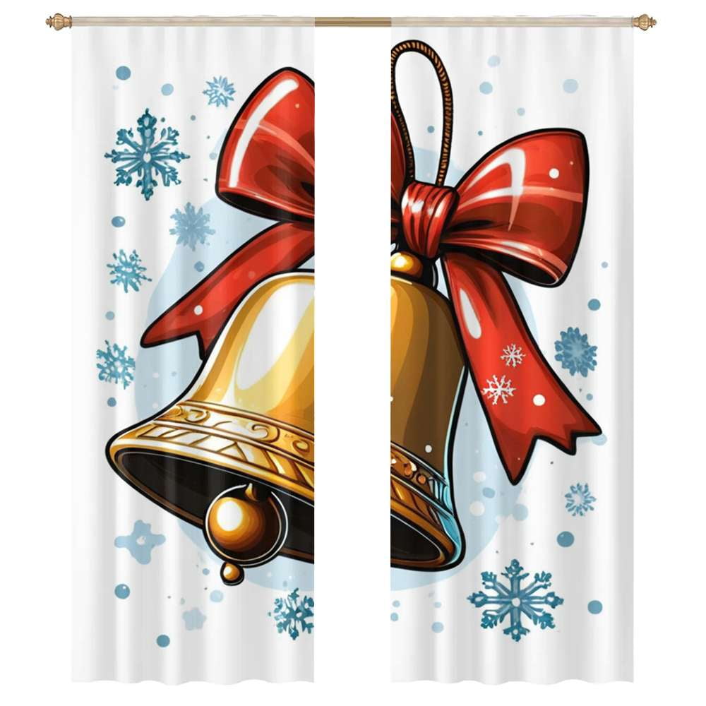Christmas Bell With Red Bow Sheer Voile Curtain Window Tulle Curtains ...