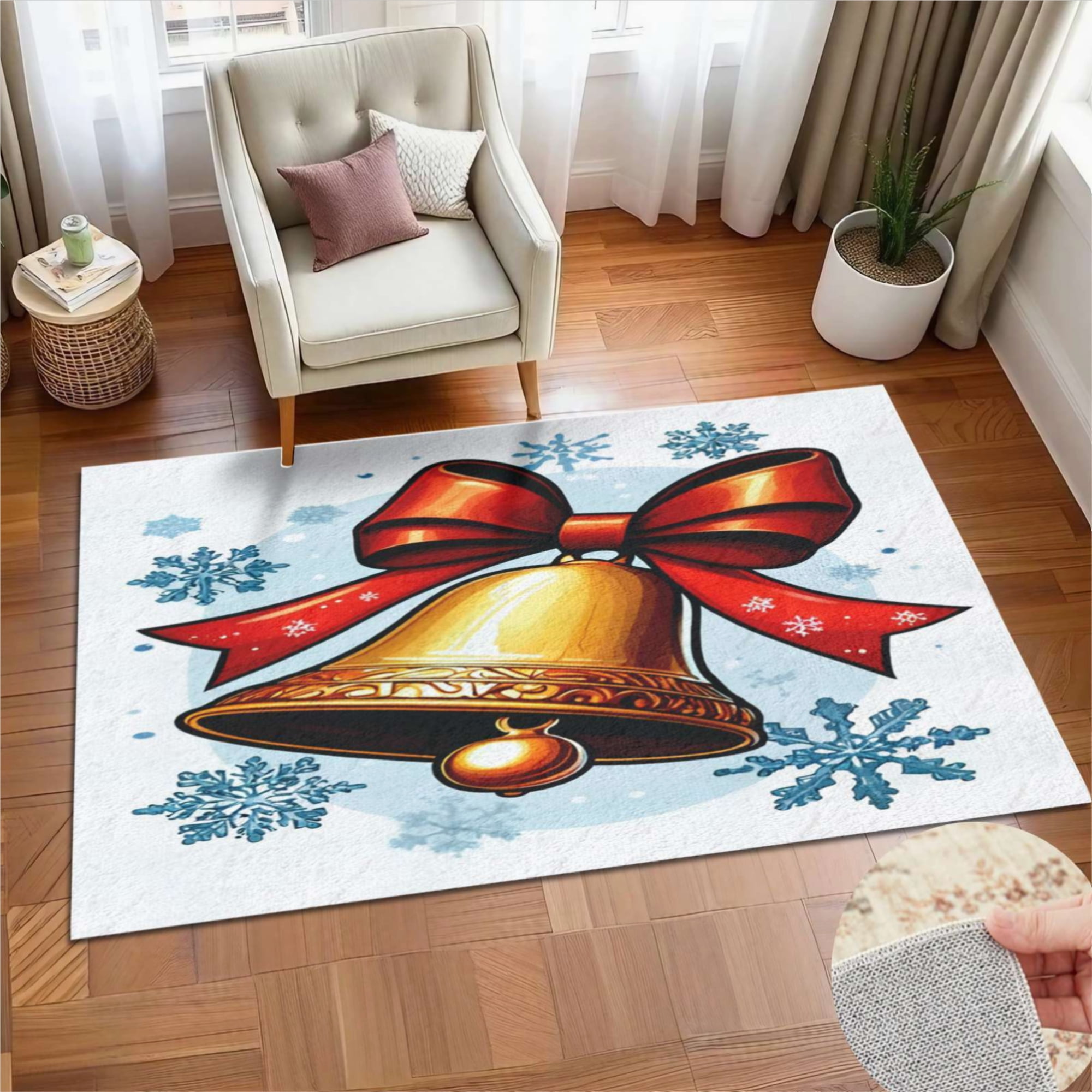 Christmas Bell With Red Bow Soft Large Area Rugs Washable Rug With Non ...