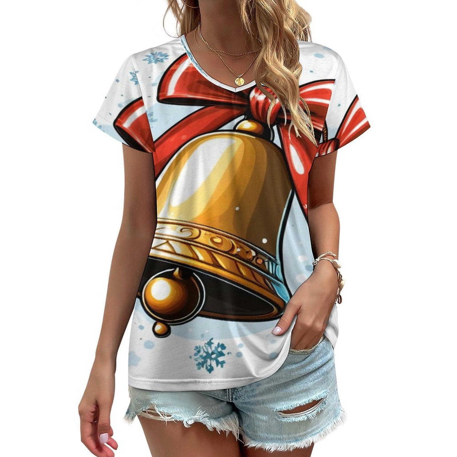 Christmas Bell with Red Bow Women's Blouse Short Sleeve Women's Top T ...