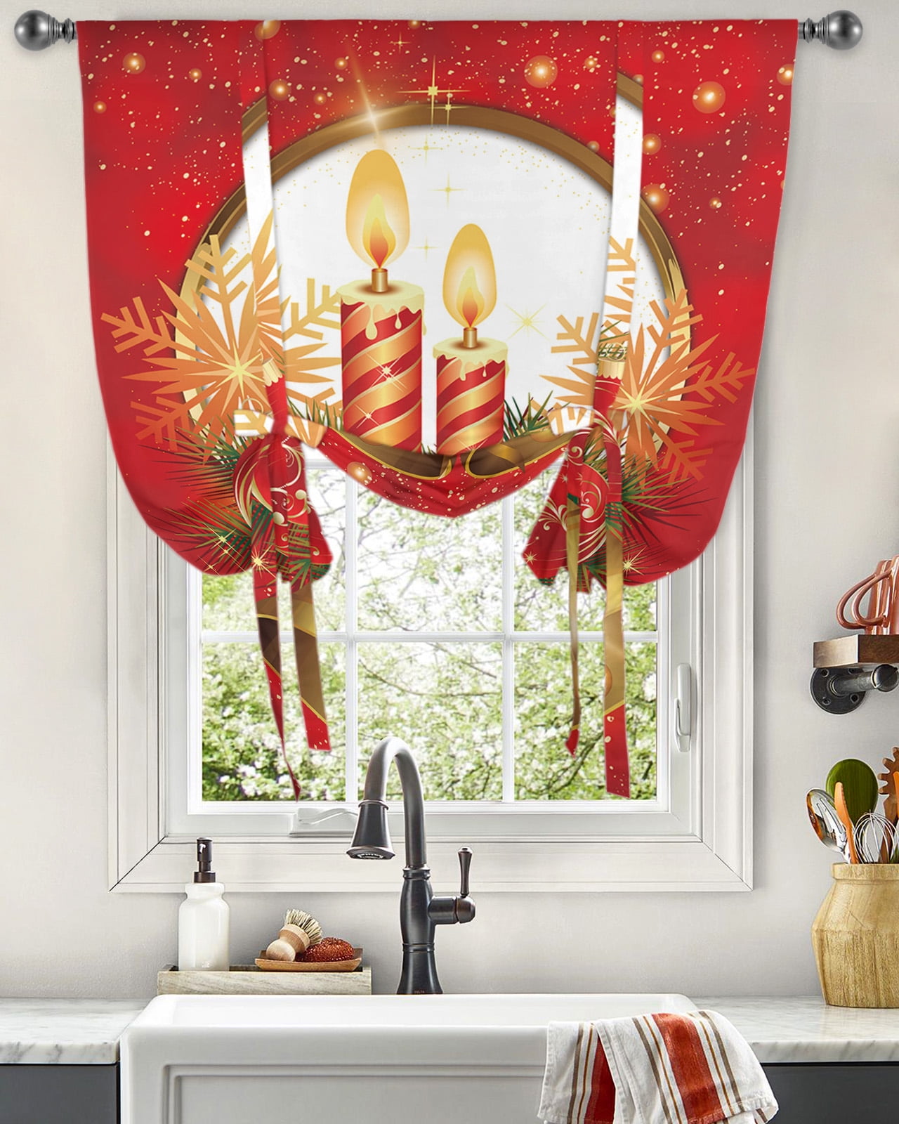 Christmas Bells Candles Lights Red Bow Tie Curtains for Living Room Bedroom Modern Tie Up Window ...