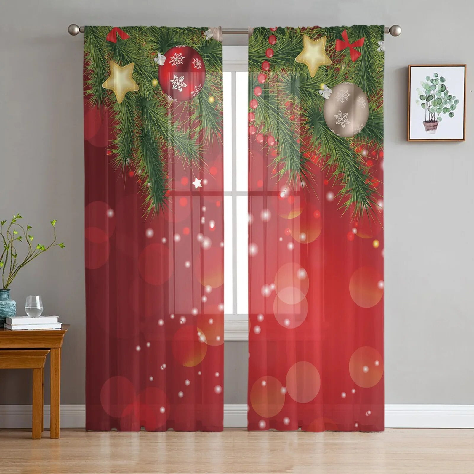 Christmas Bells Christmas Tree Windows Tulle Sheer Curtains for Living ...